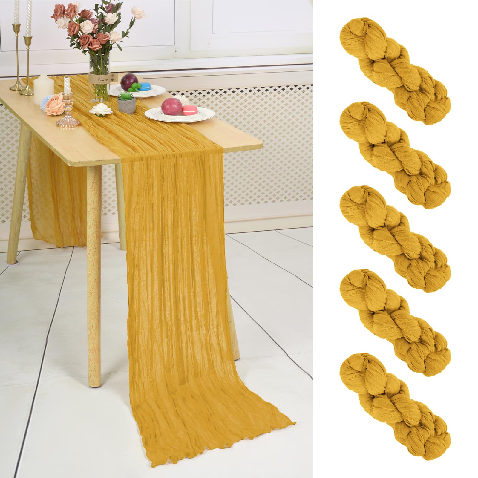 5 PCS Mustard Yellow Cheesecloth Table Runner 10ft Gauze Table Runner ...