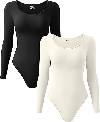 GXIN Women's 2 Piece Ribbed Sexy Bodysuit Scoop Neck Long Sleeve ...