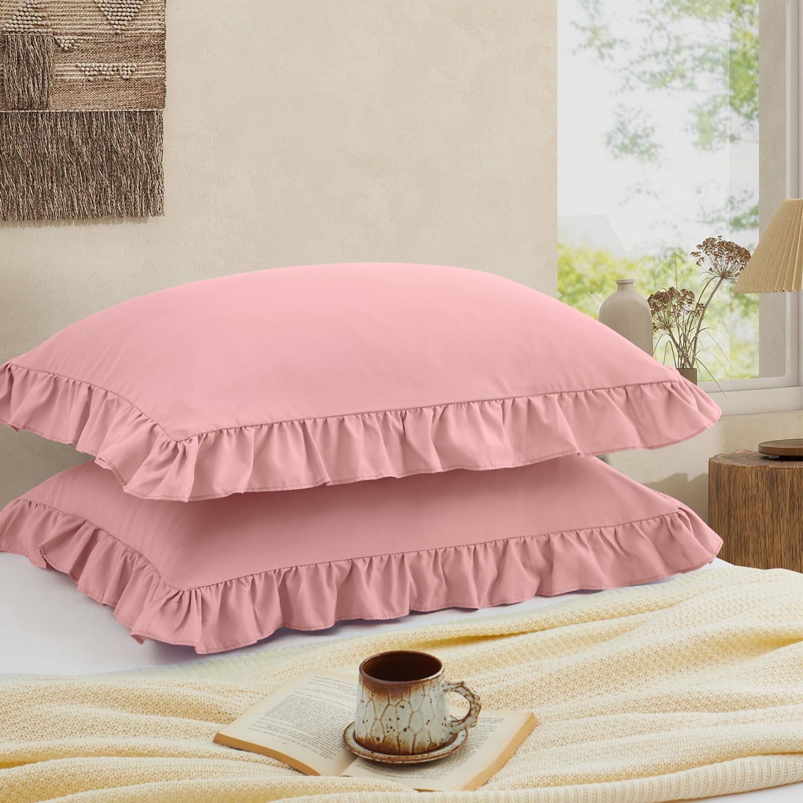 Amazon.com: Cobedzy Ruffled Pillow Cases Set of 2, Pink Standard Pillow ...