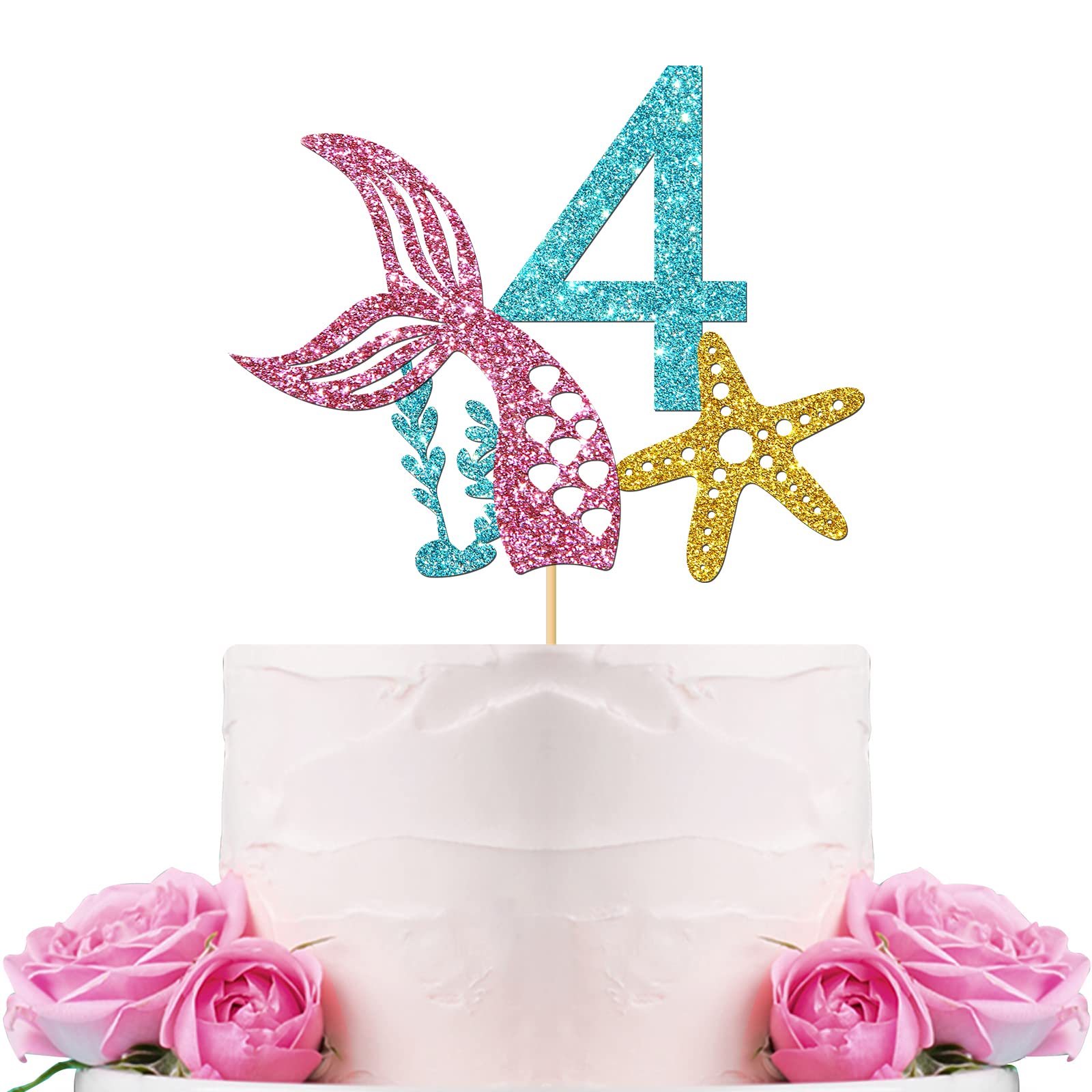 Buy Mermaid Four Birthday Cake Topper Girl's 4th Birthday Cake Topper ...