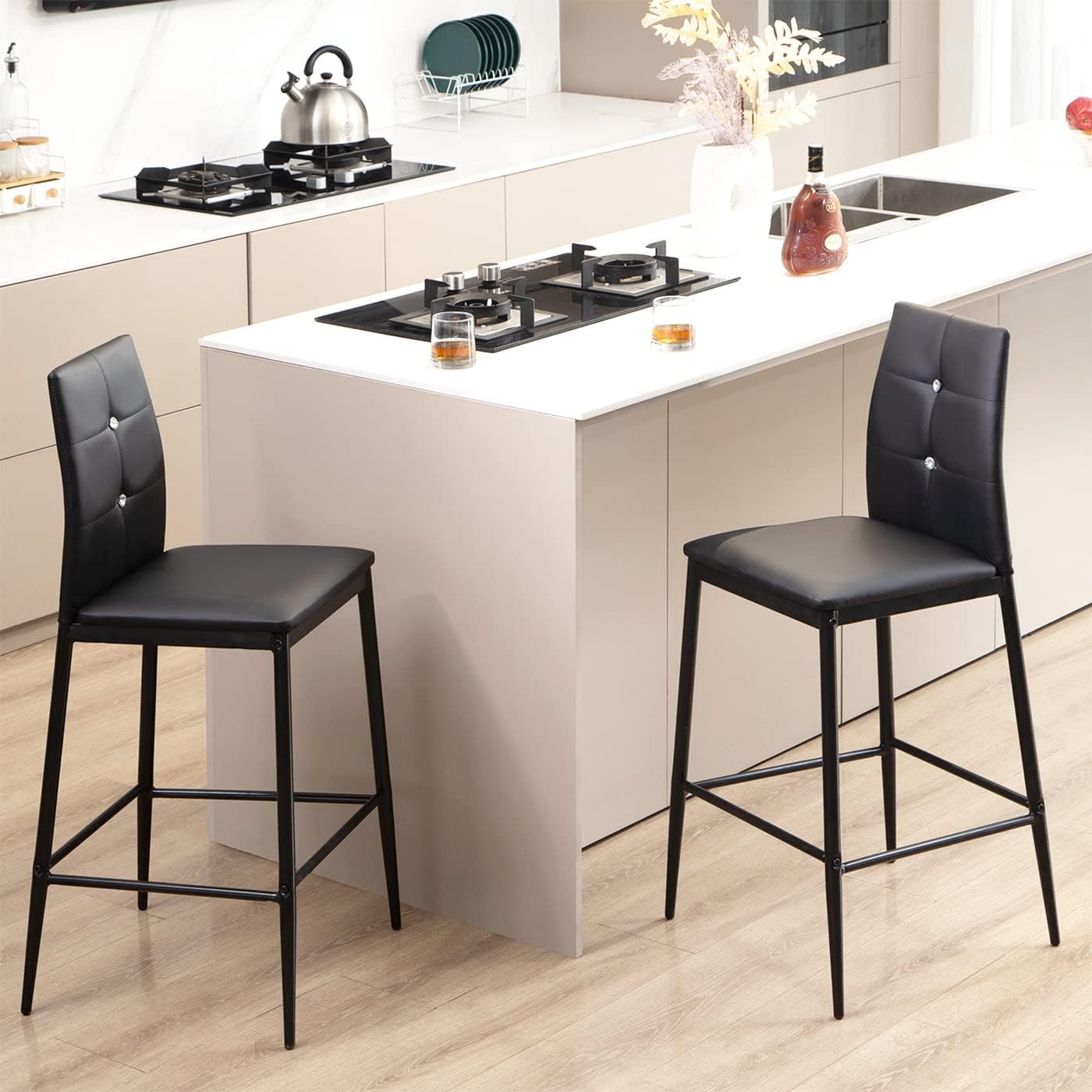 Amazon.com: Bacyion Black Bar Stools Set of 2 - Faux Leather Barstools ...