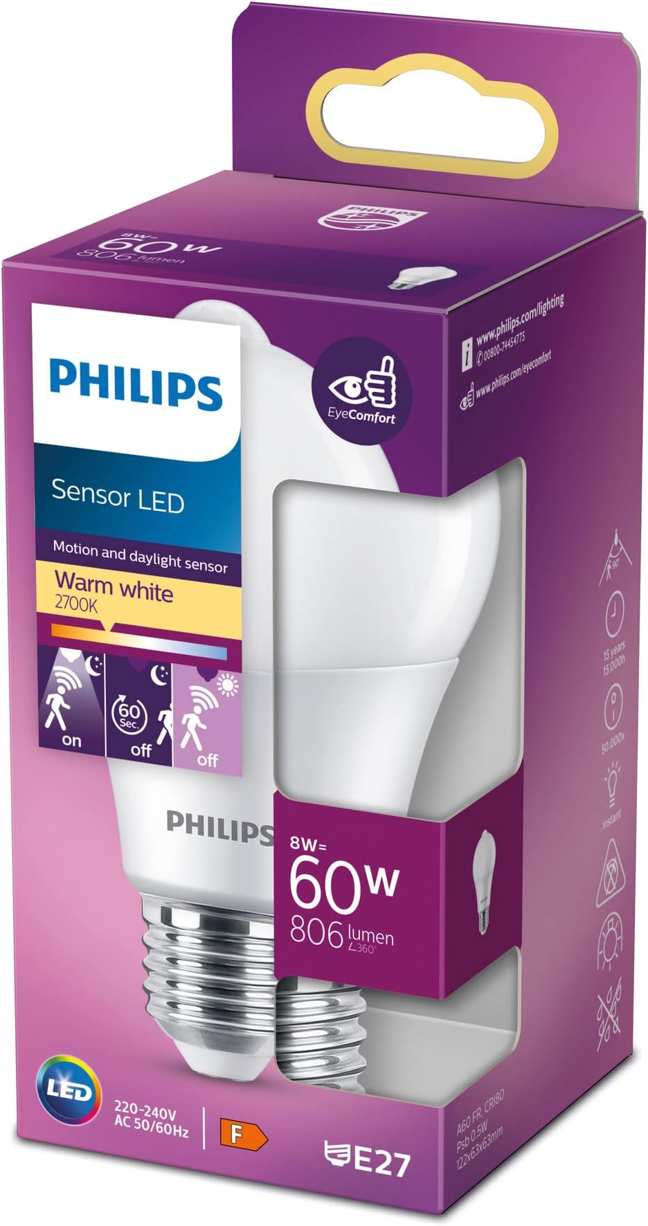 Philips LED Premium Sensor Frosted Light Bulb [E27 Edison Screw] 8W ...