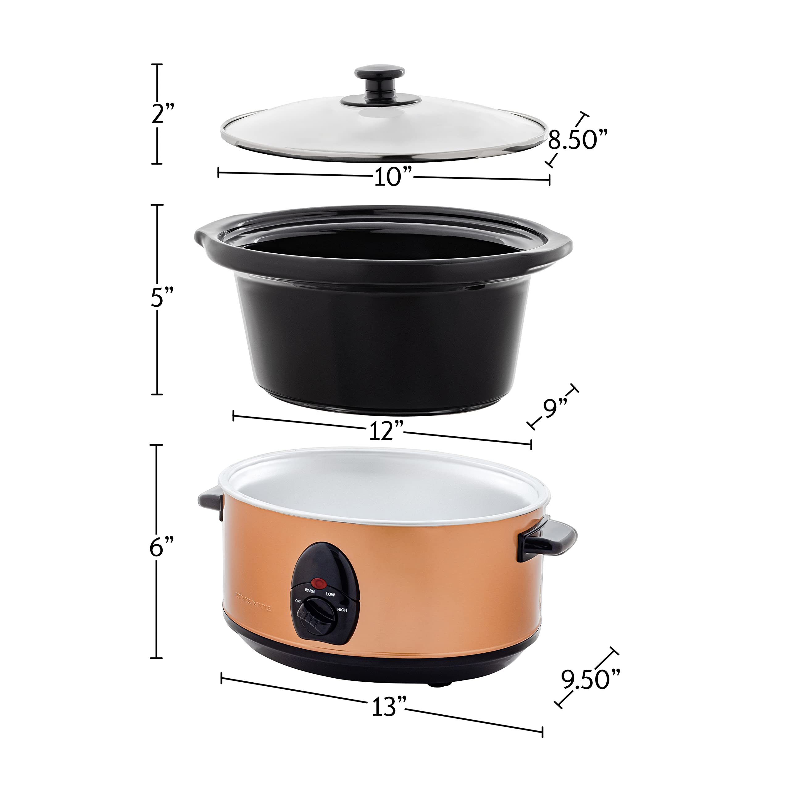 Ovente Electric 3.7 Quart Removable Ceramic Slow Cooker Pot with 3 ...