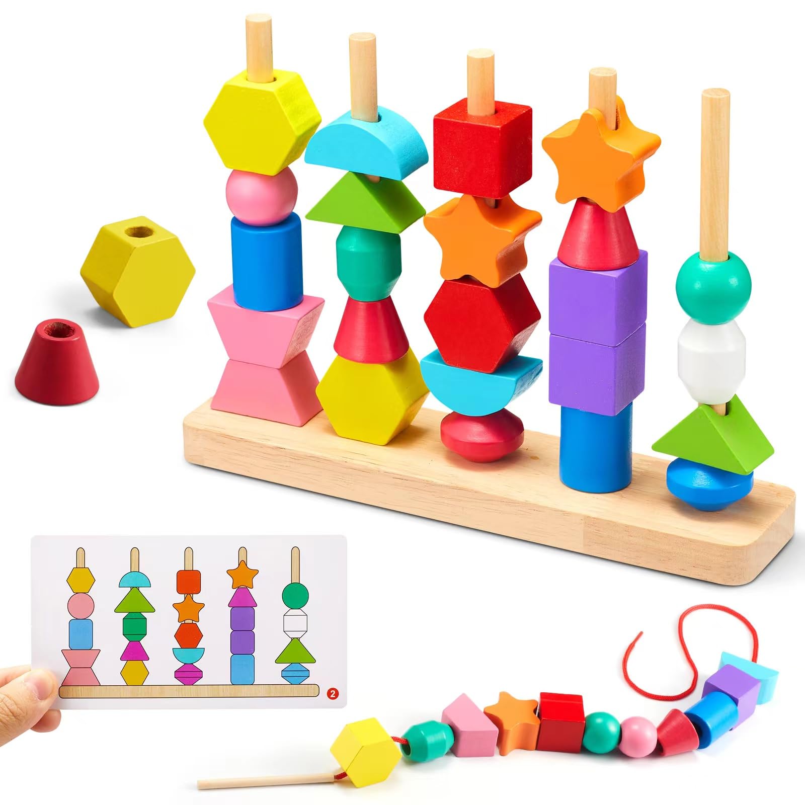 Montessori Wooden Toys, Lacing Beads & Stacking Block & Matching Shape ...