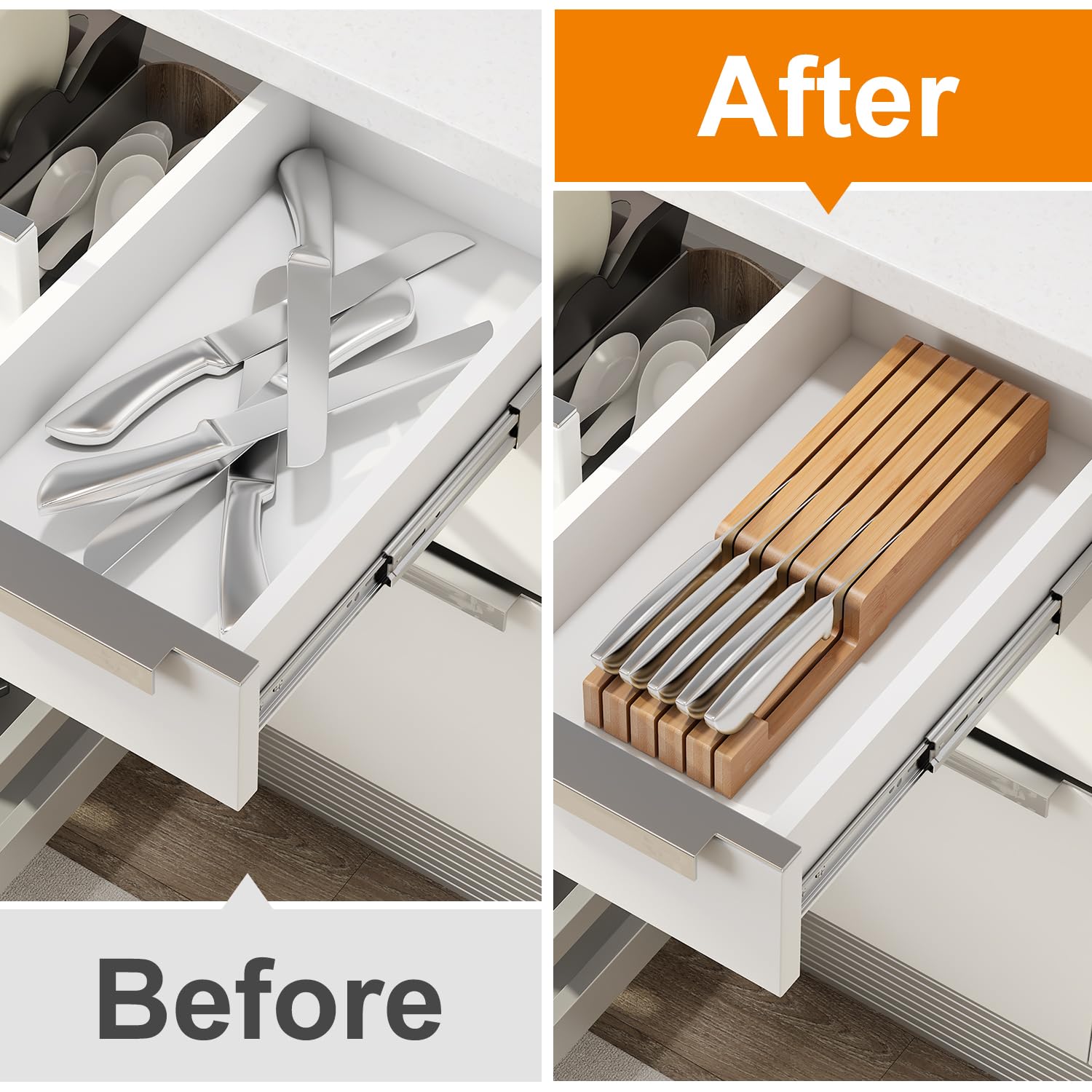 Snapklik.com : In-Drawer Knife Organizer Bamboo Knife Block, Drawer ...