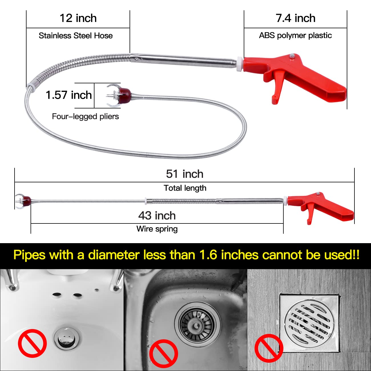 Snapklik.com : 51 Inch Toilet Snake Drain Auger Cleaner Tool, Flexible ...