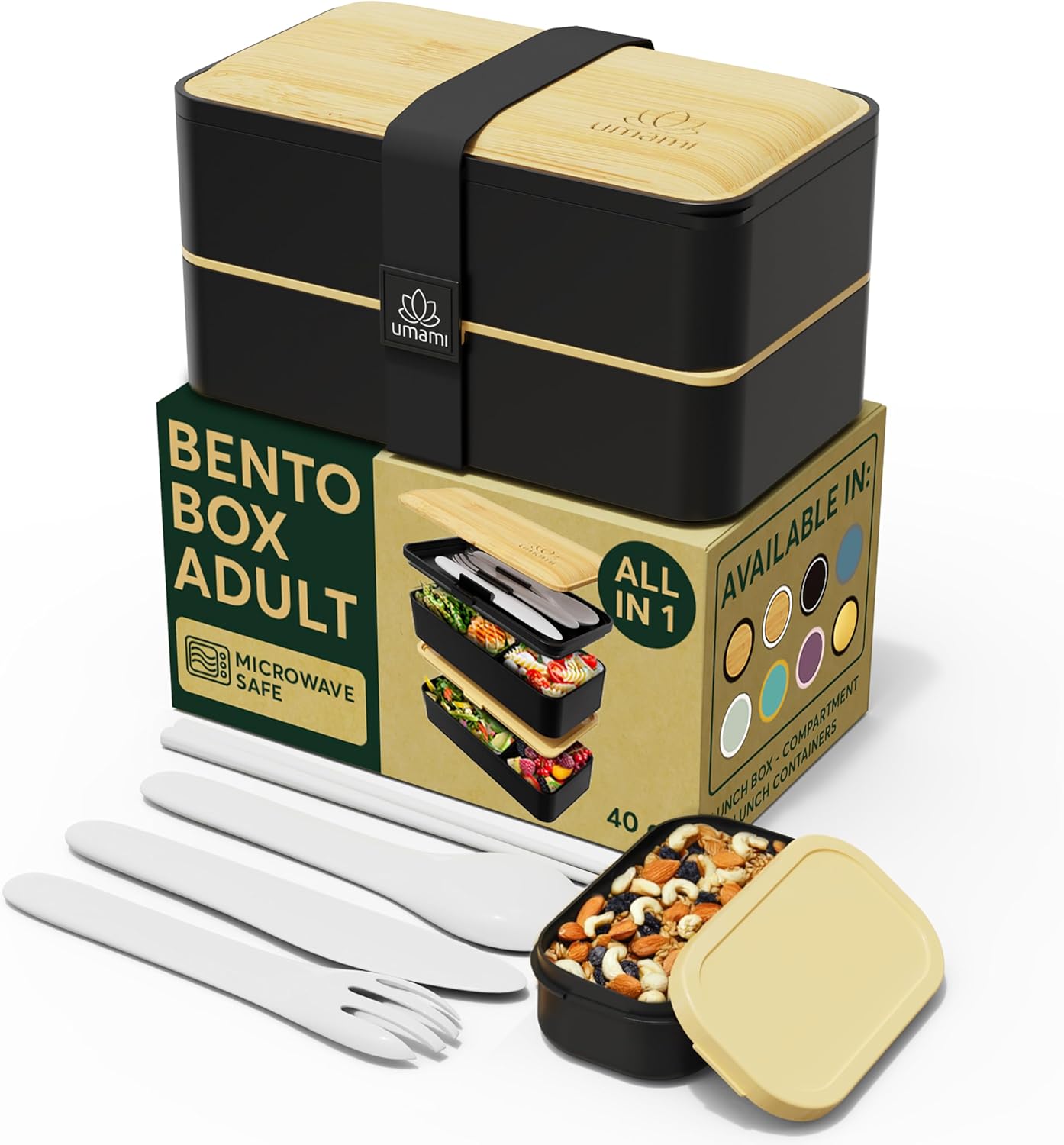 Umami Bento Box Adult All-In-1 w/4 Utensils, Big Sauce Jar, 2 Dividers ...