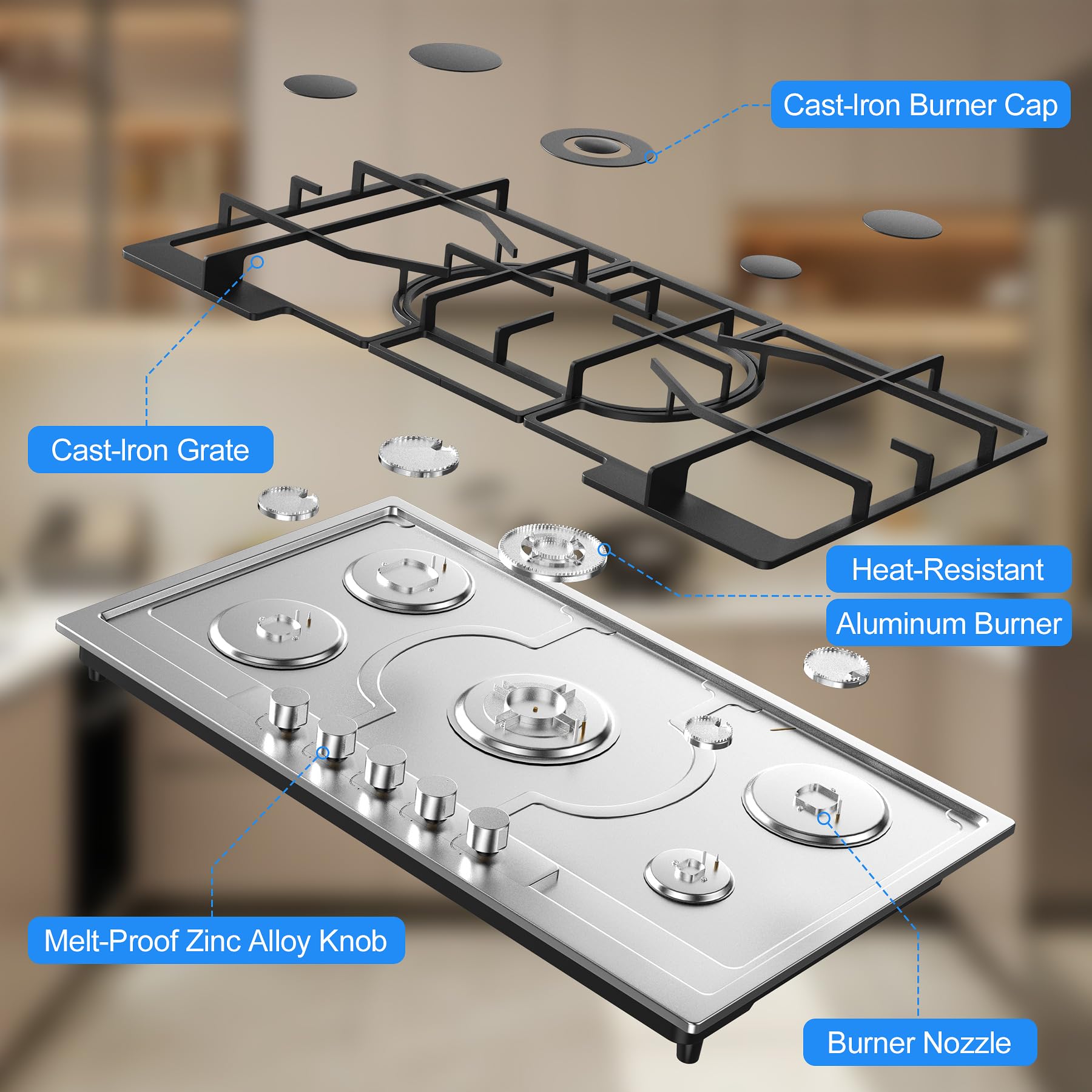 Snapklik.com : VBGK Gas Cooktop 5 Burners, NG/LPG Dual Fuel Convertible ...