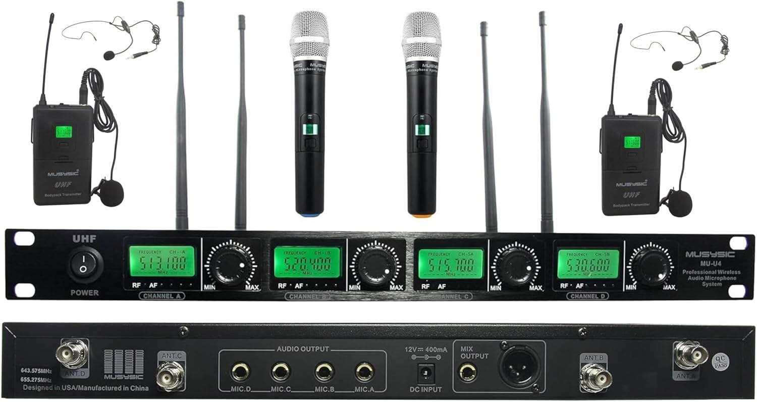 Amazon.com: MUSYSIC 4-Channel Professional UHF Handheld Lapel Lavalier ...
