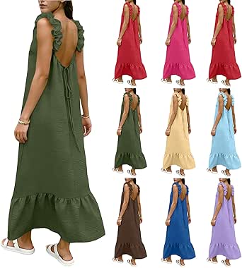 Backless Dress for Women Summer Maxi Casual Sleeveless Open Back Ruffle ...