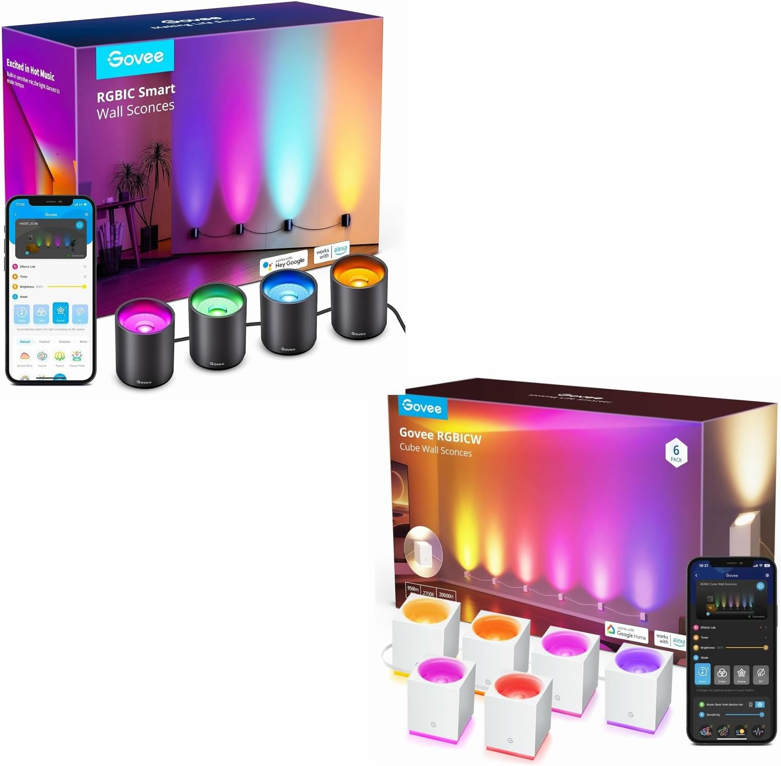 Govee RGBIC Smart Wall Sconces, Music Sync Home Decor WiFi Wall Lights ...