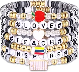 Amazon.com: FAERLIIRY Teacher Bracelets Preppy Beaded Bracelets Clay Heishi Stretch Bracelets ...