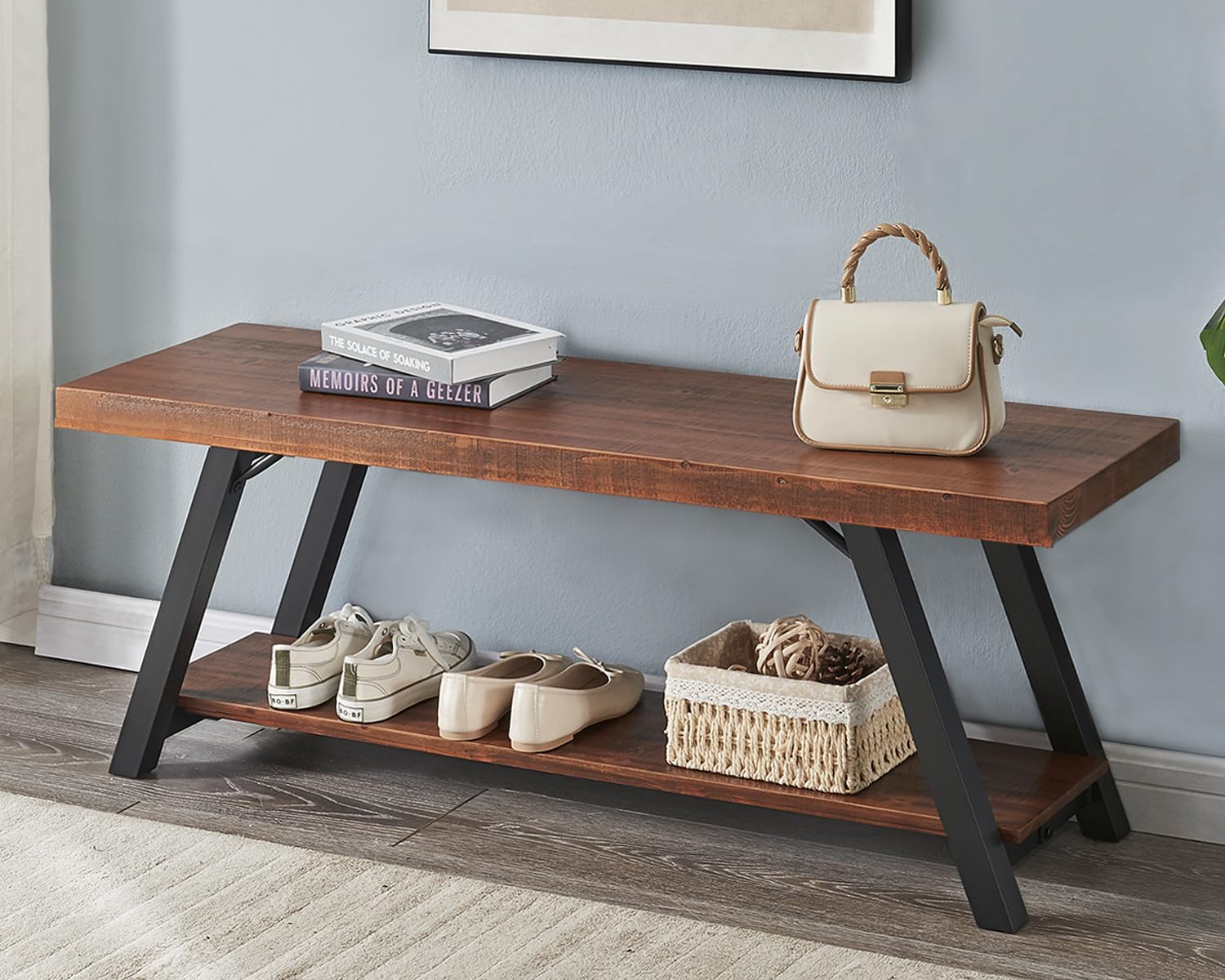 IBF Solid Wood Storage Bench, Natural Real Wood Entrance Bench ...