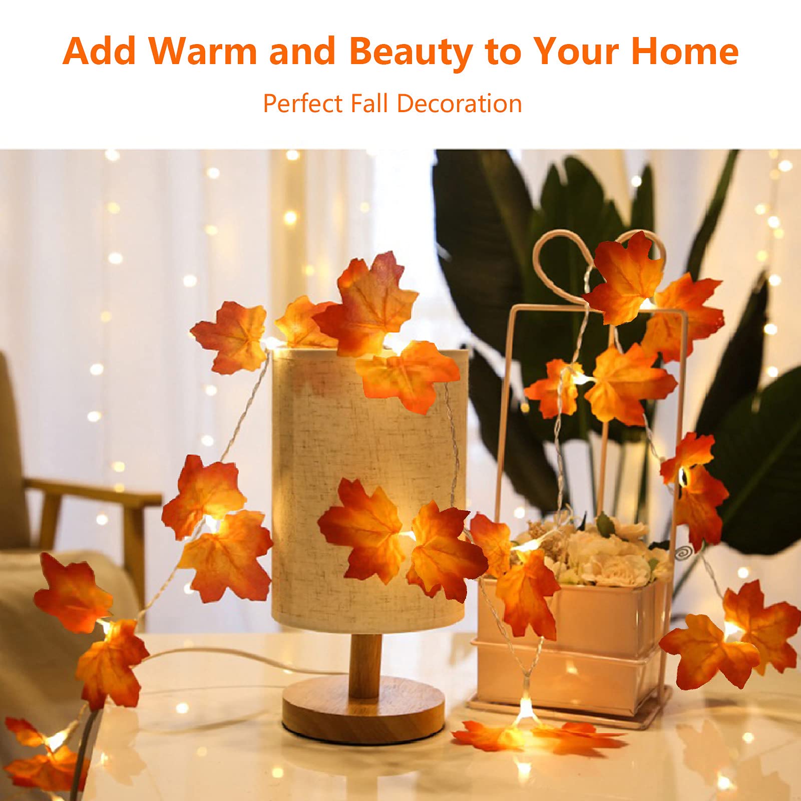 Fall Decor 14Ft 40 LED 80 Leaves Lighted Fall Garland for Home Mantle ...