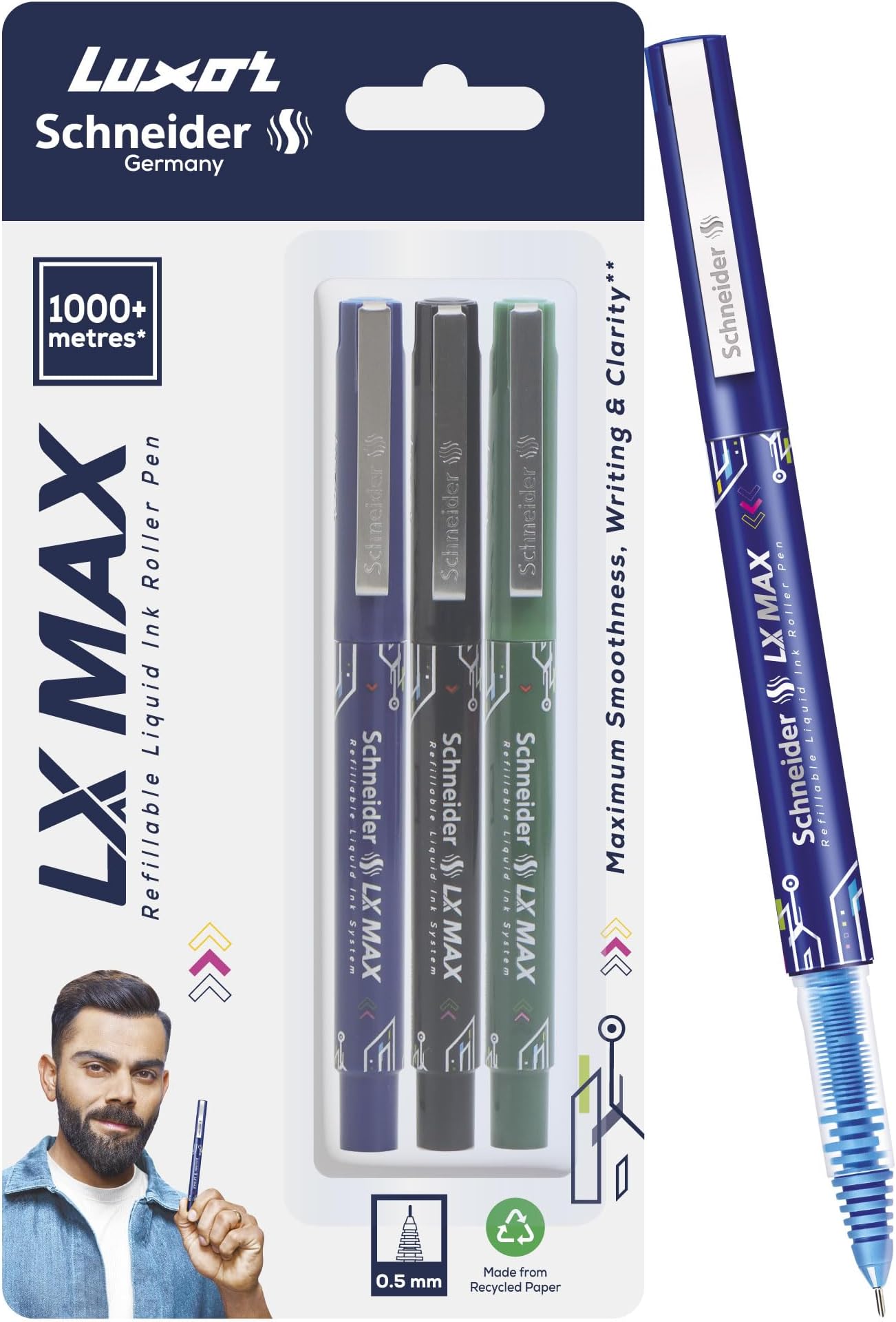 Luxor Schneider LX MAX roller ball pen, Pack of 3 - Blue+Black+Green ...