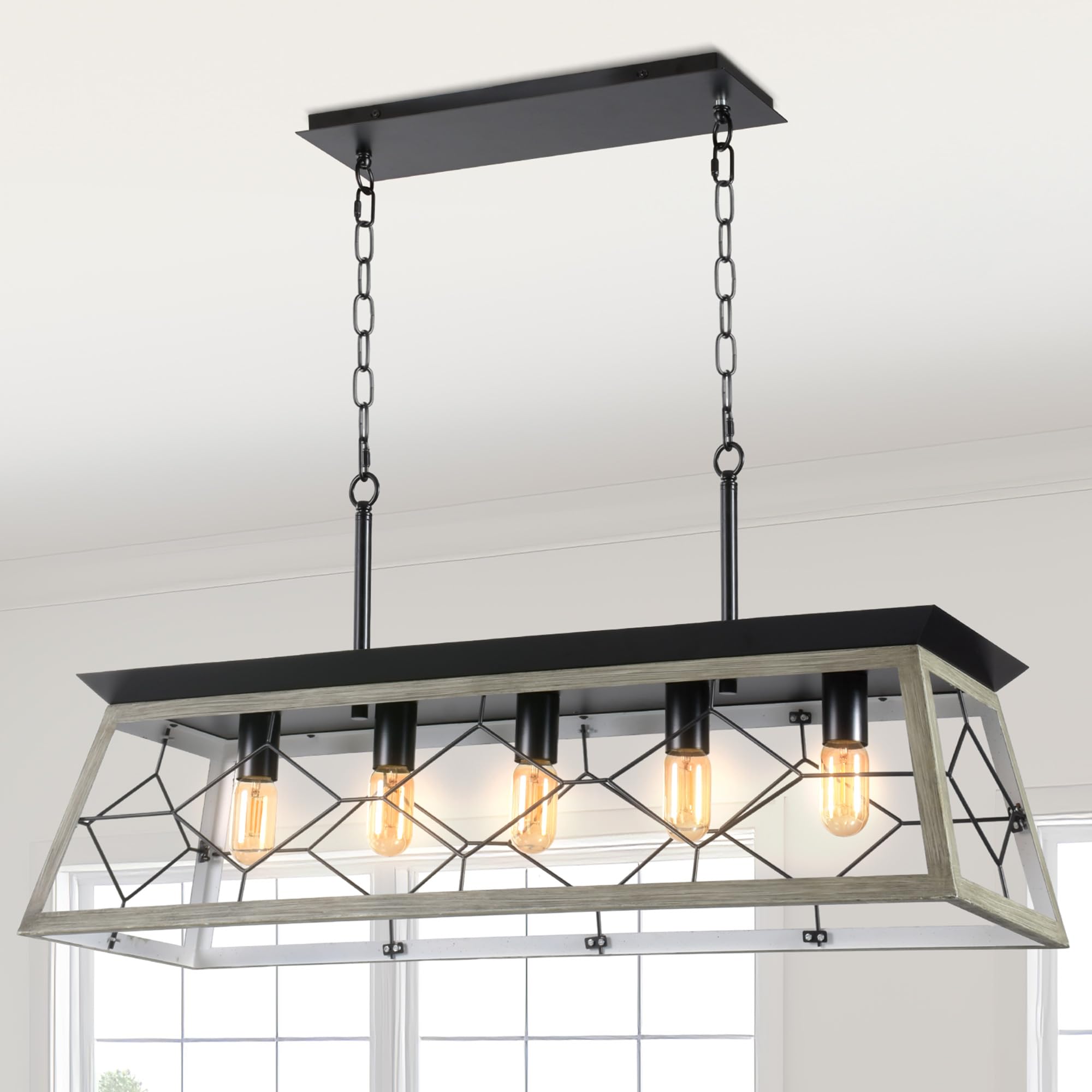 Snapklik.com : Farmhouse Rustic Chandelier Adjustable, 5 Lights Rectangular Island Pendant Light ...