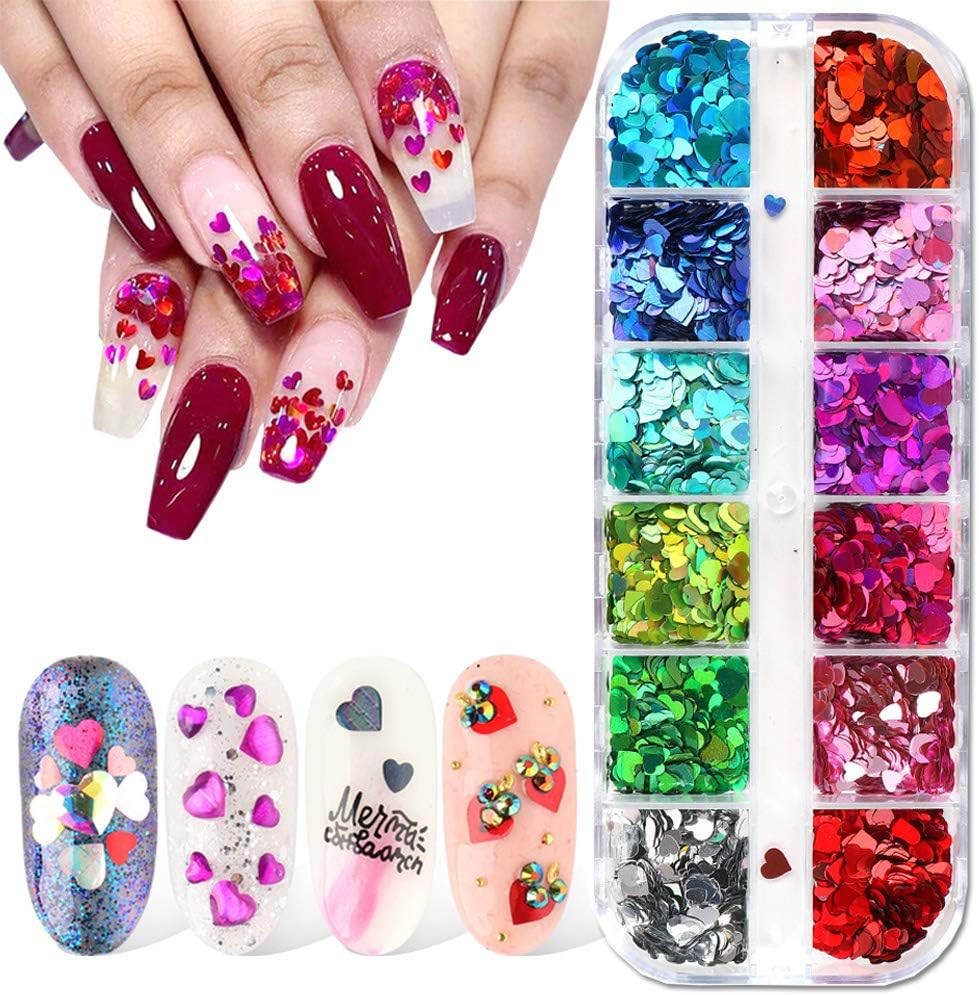 Amazon.com: Macute Heart Nail Glitter Sequins Set of 24 Colors ...