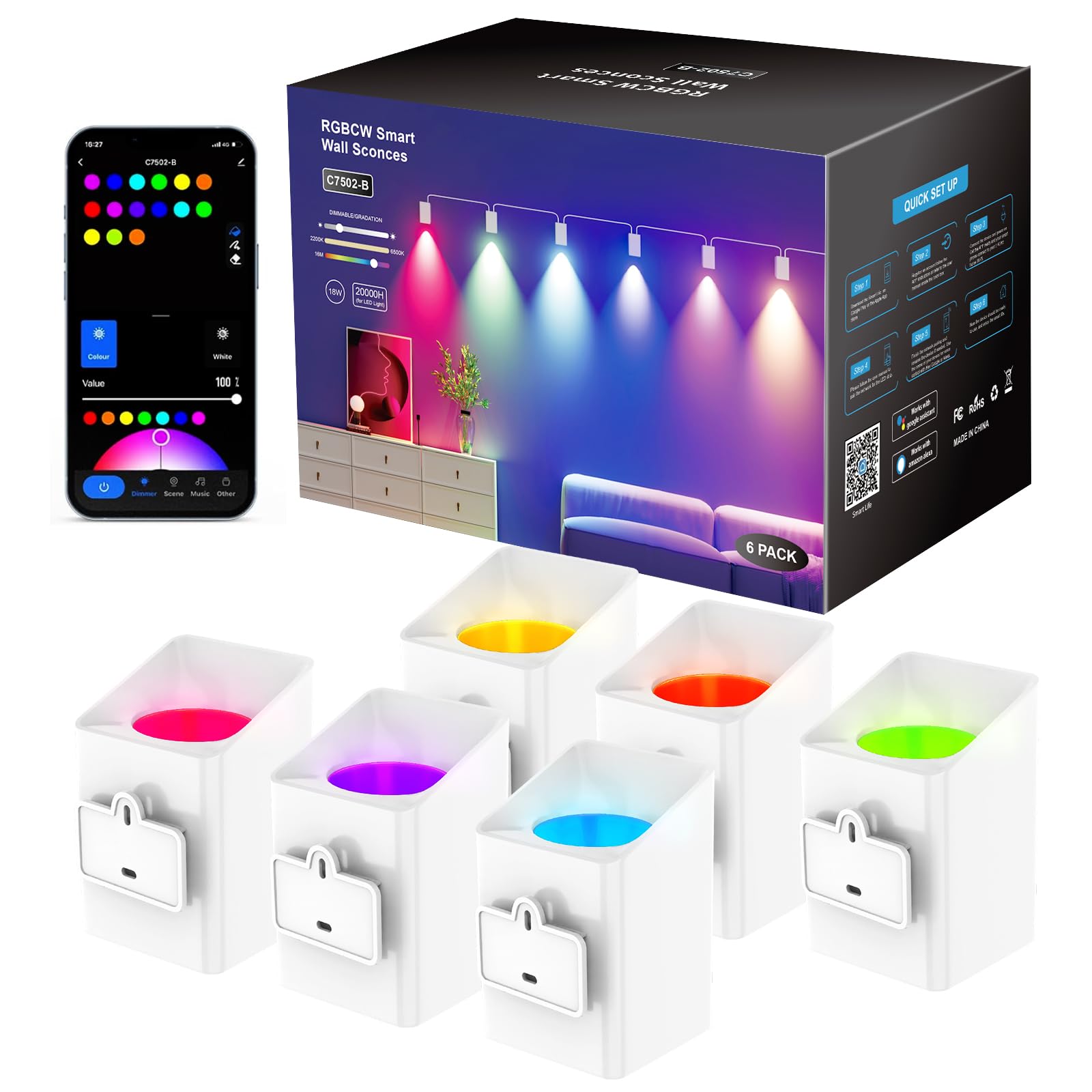 Starixtop RGBCW Smart Wall Sconces WiFi Wall Lights 54 Dynamic Modes ...