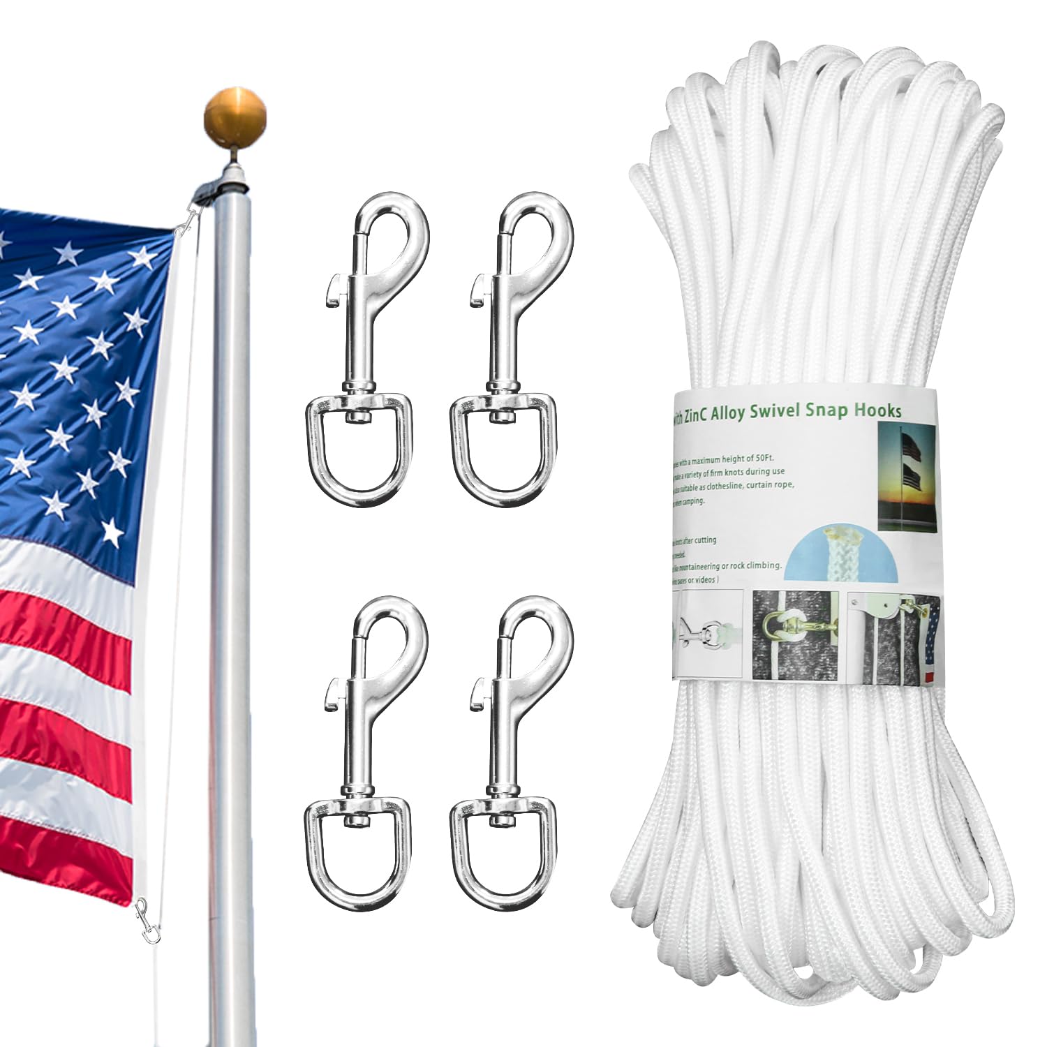 Amazon.com: Upgraded Flag Pole Rope Clips Kit 100Ft,5/16” Flag Halyard ...