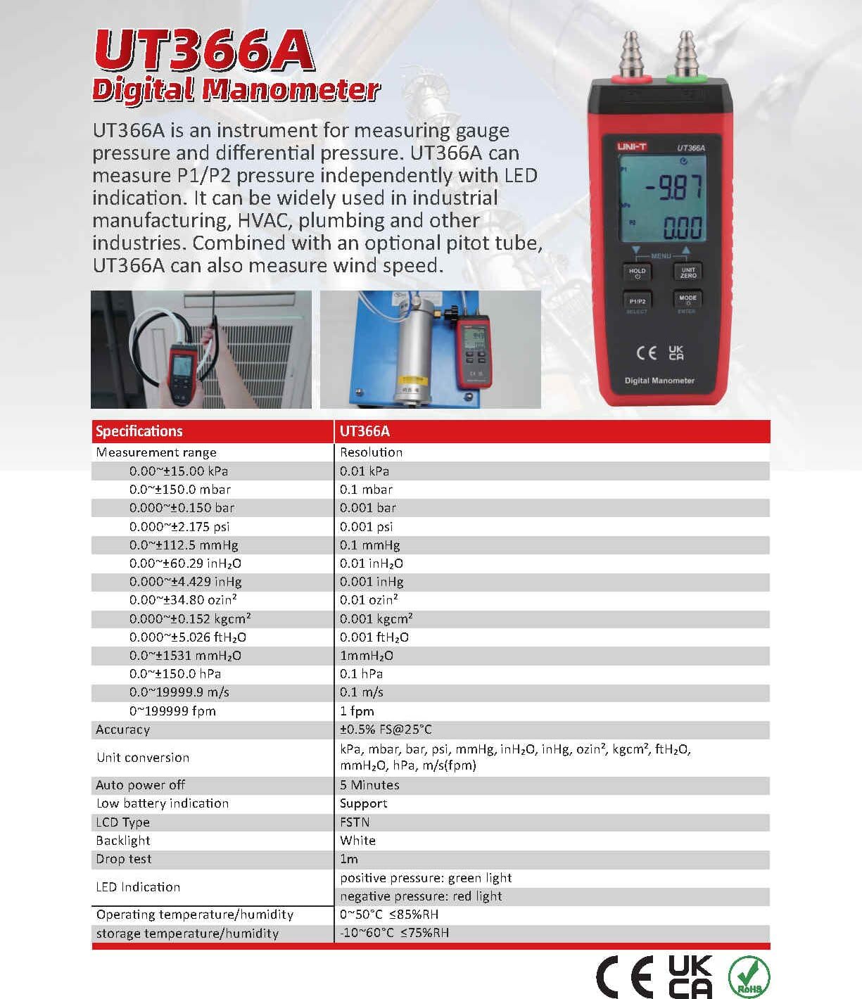Snapklik.com : UNI-T UT366A Digital Manometer Measure P1/P2 Pressure And Measure Wind Speed