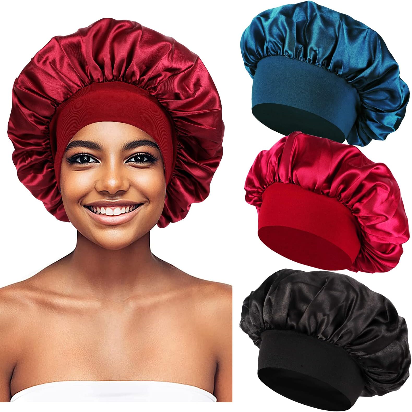 Amazon.com : Blulu 3 Pieces Sleep Cap Satin Bonnet Night Head Cover ...
