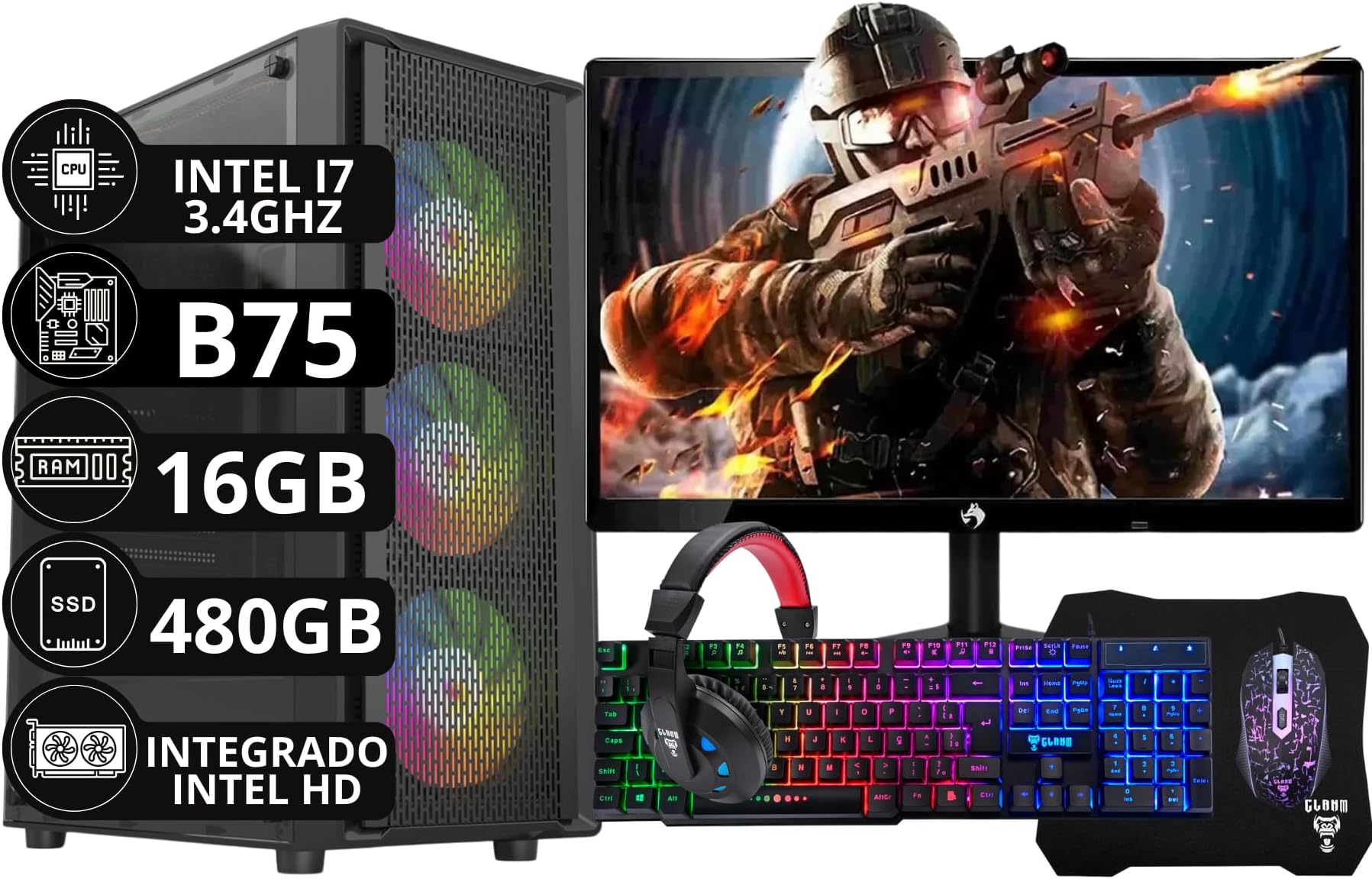 PC Gamer Completo Intel Core I7 3.4GHz 16GB DDR3 SSD 480GB Monitor 19 ...