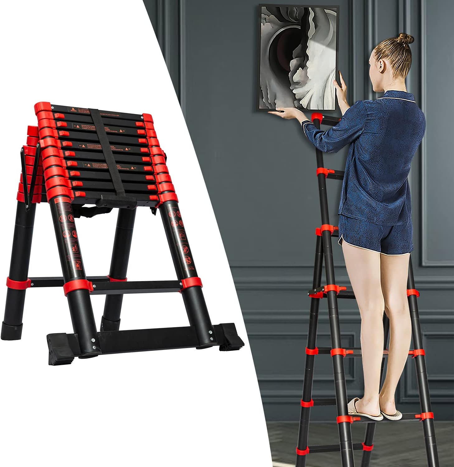 Adjustable A-Frame 9+11 Step Aluminum Telescoping Ladder, Lightweight ...