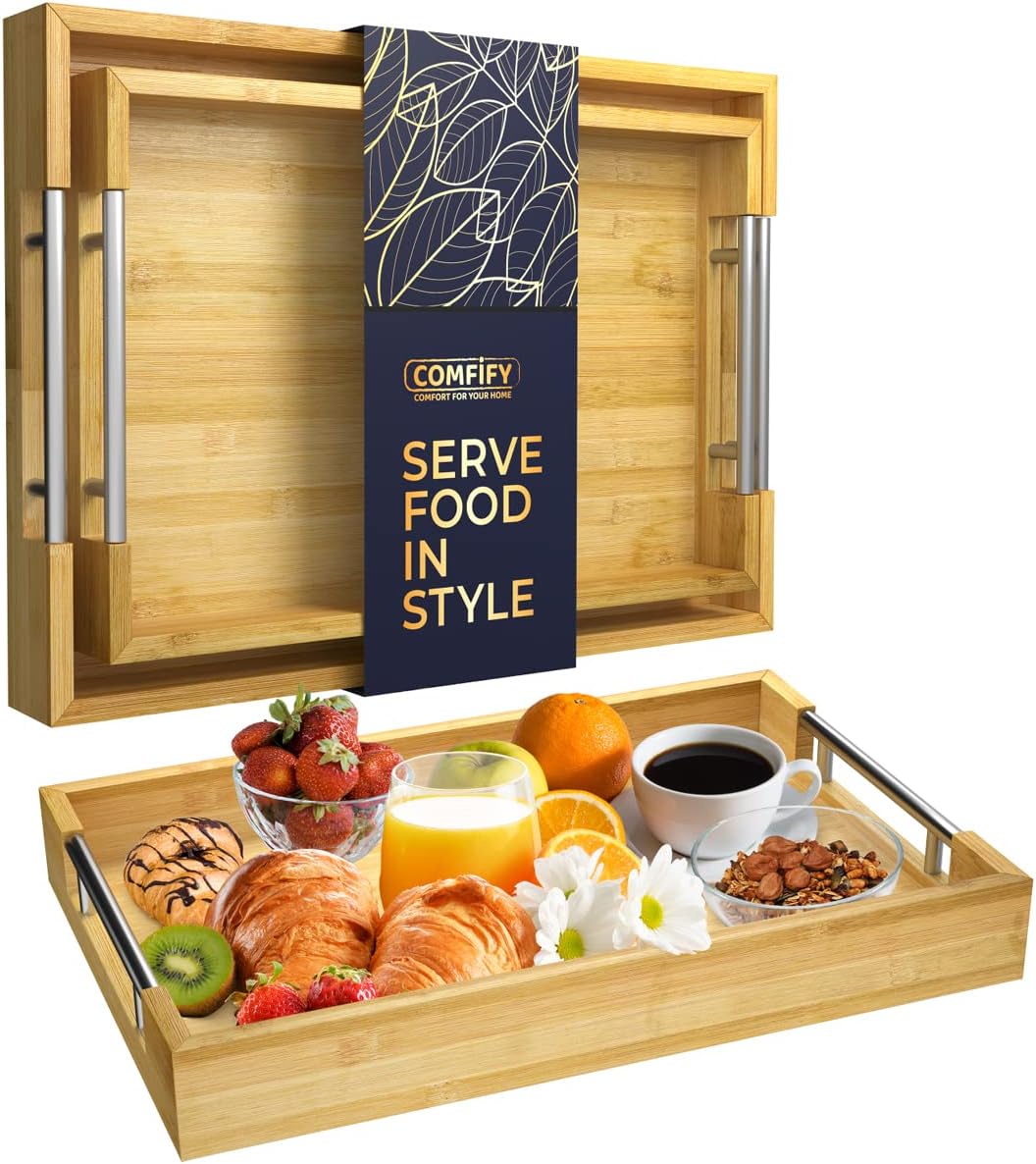 Amazon.com: BABONIE Bamboo Serving Tray with Handles Set of 2 ...