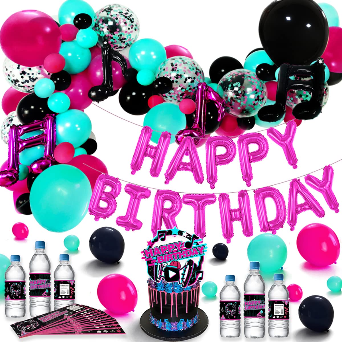 Buy Music themed Birthday Decorations Set Hot Pink Teal Blue Black Note ...