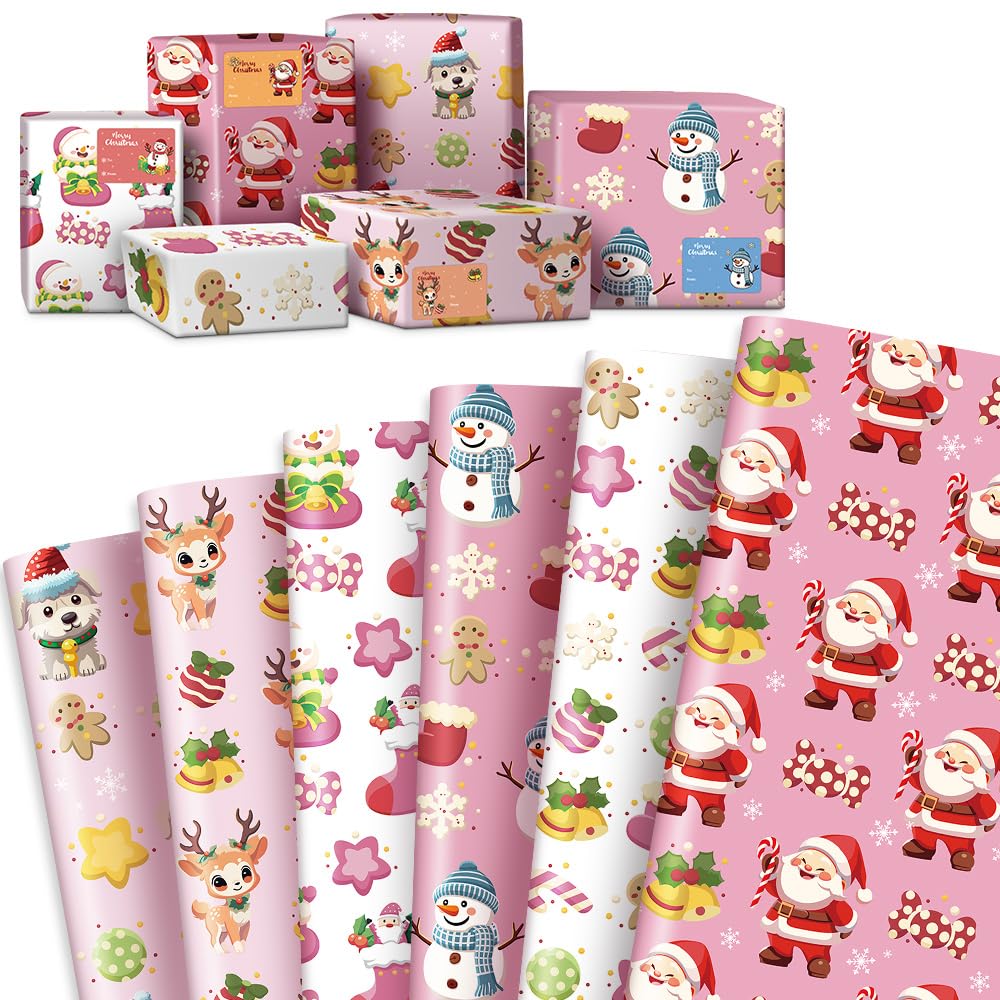 Amazon.com: Jephine 12 Sheets Pink Christmas Wrapping Paper,6 Cute ...