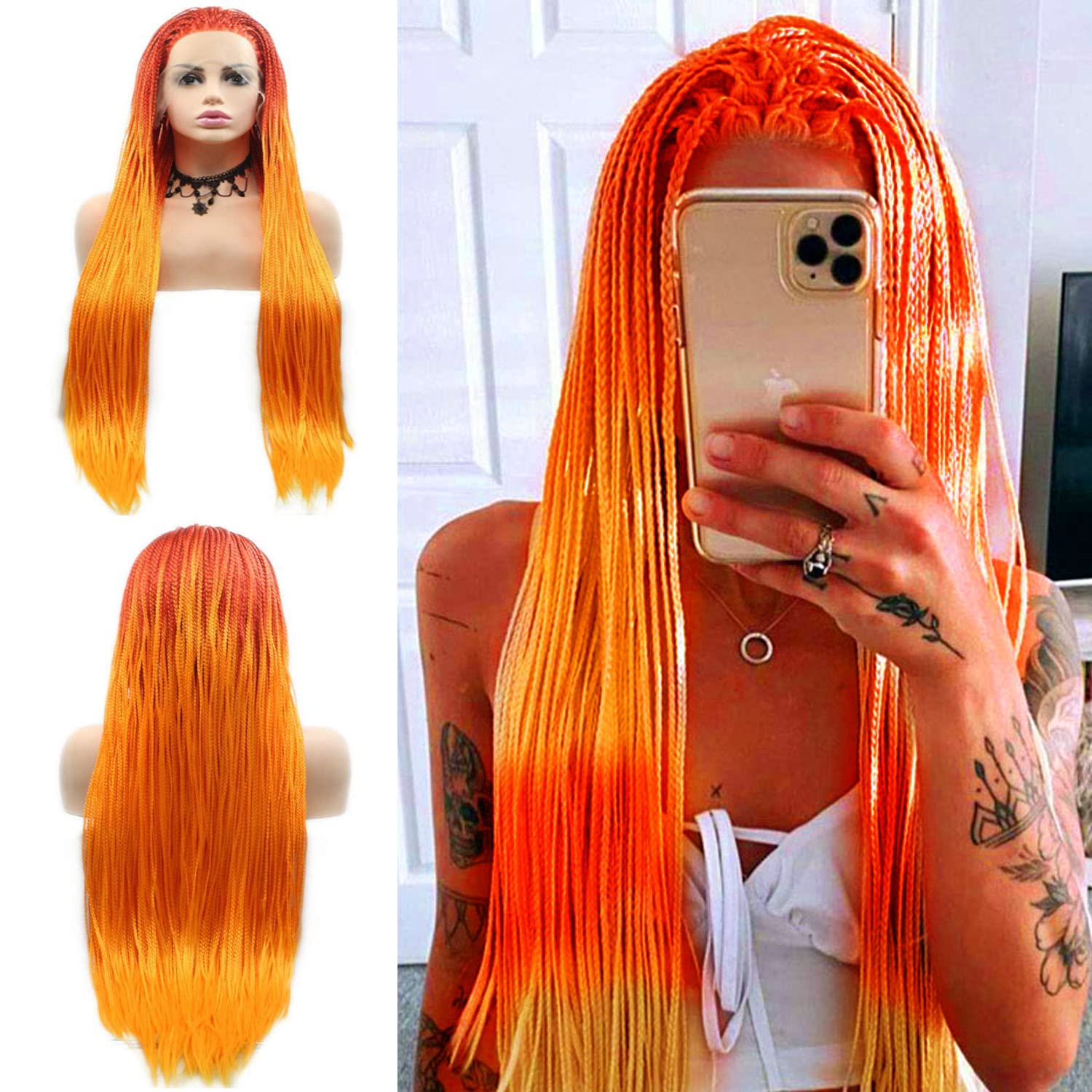 Amazon.com : Long Braided Wig Ombre Orange Fluorescent Orange Braided ...