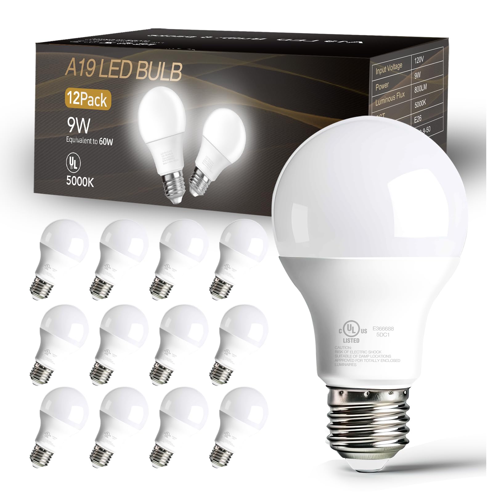 dalattin 12 Pack A19 LED Bulbs, 9W Equivalent 60 Watts, E26 Base, 5000K ...