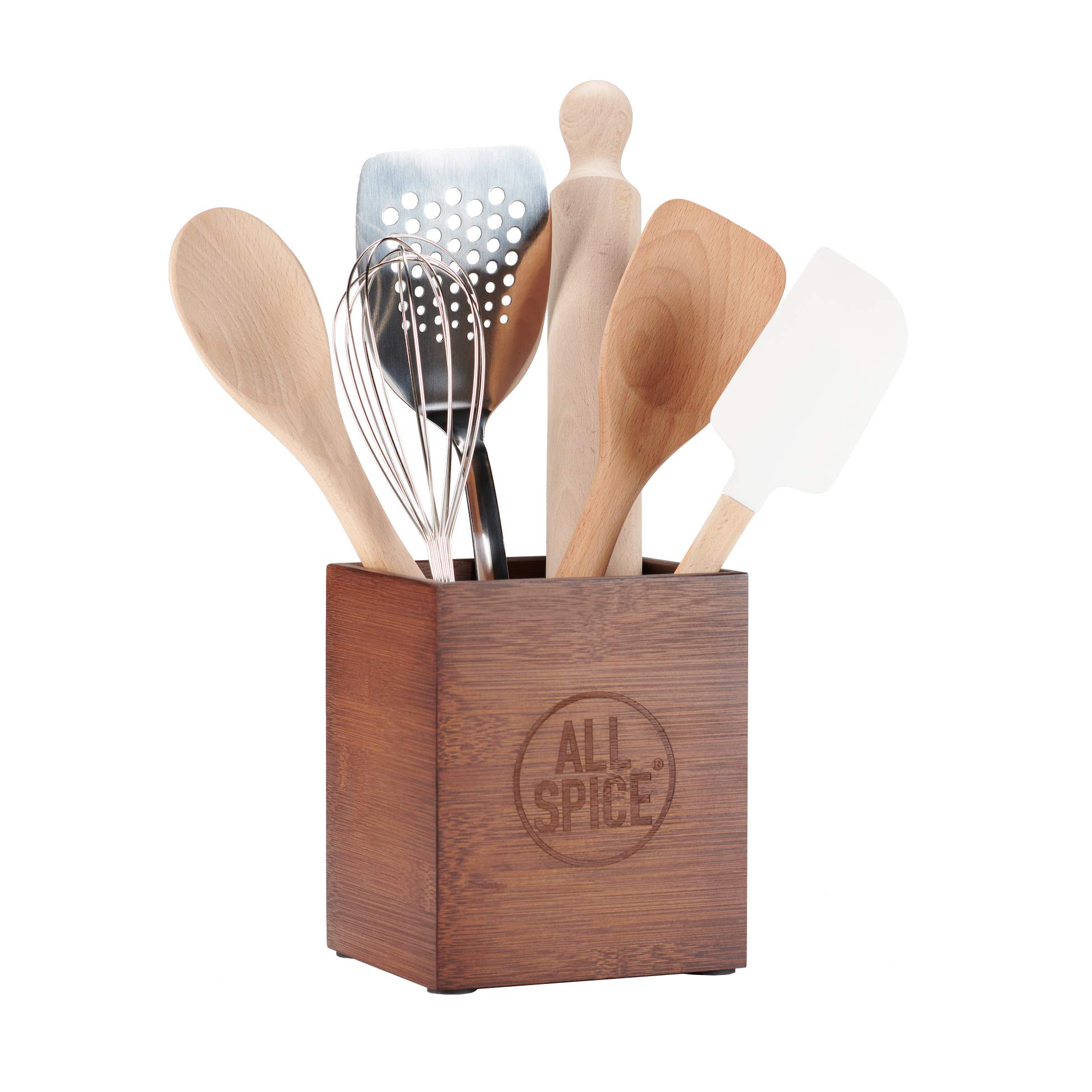 AllSpice Bamboo Wood Kitchen Utensil Holder, Walnut Stain