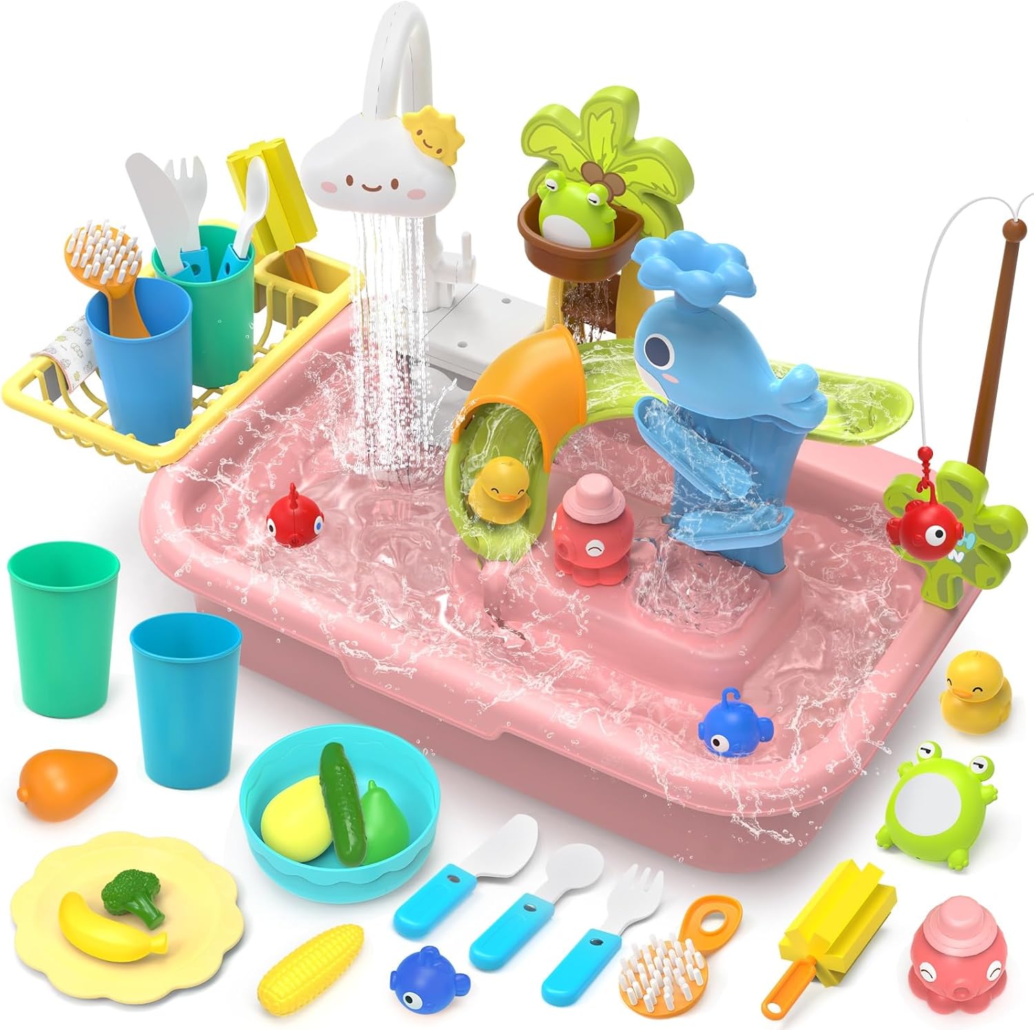 Play Sink with Running Water, 4-in-1 Kids Kitchen Sink Toys with ...