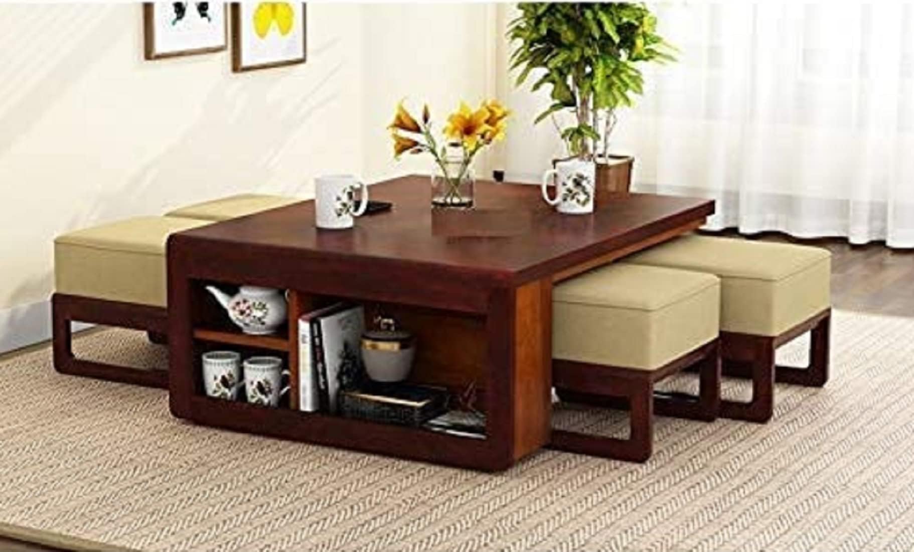 FACTORY HUB Sheesham Wood Coffee Table with 2 Stools Teapoy Table ...