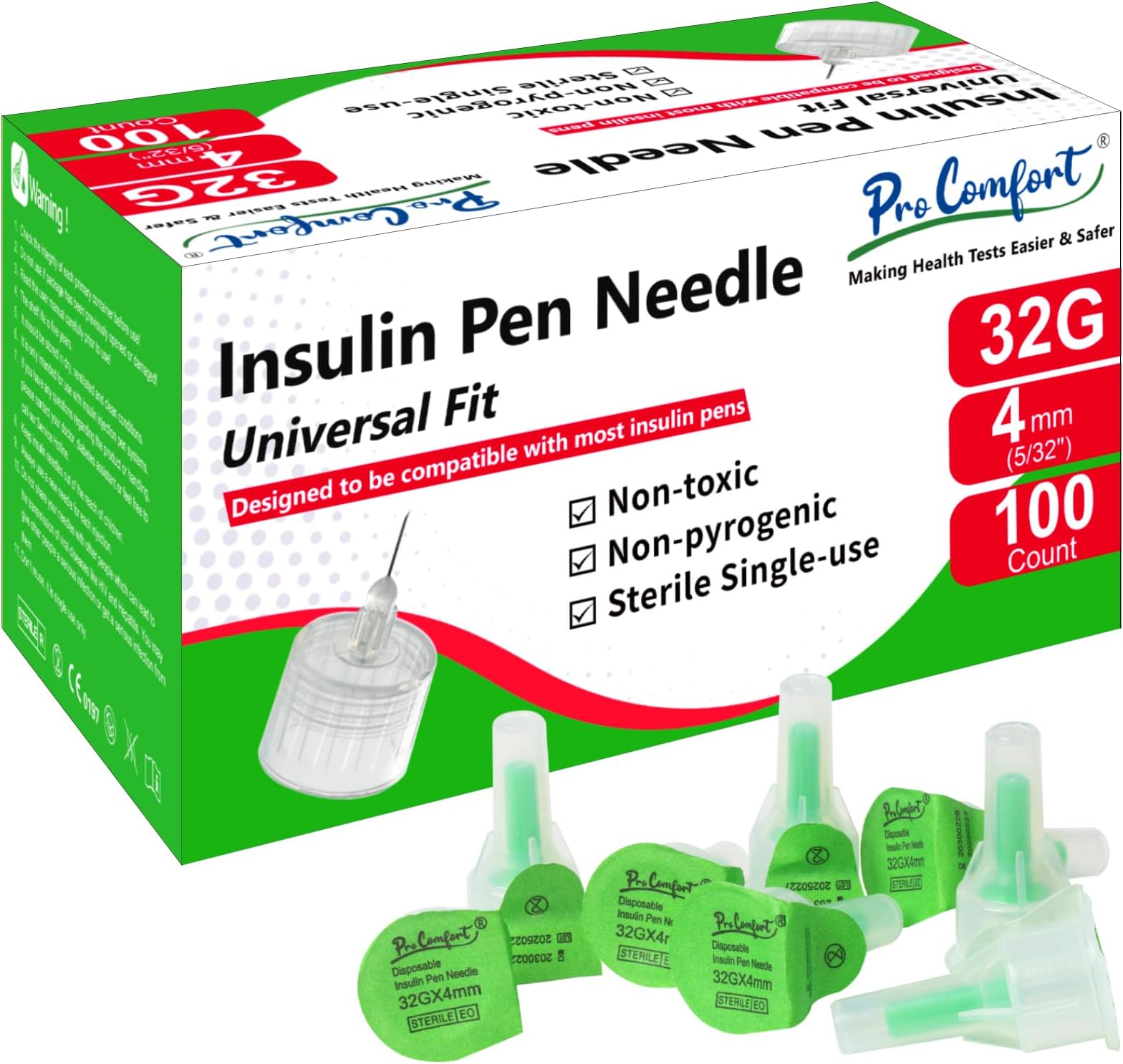 Amazon.com: Pro Comfort 32G 4mm (5/32") Insulin Pen Needles, 100 Count ...