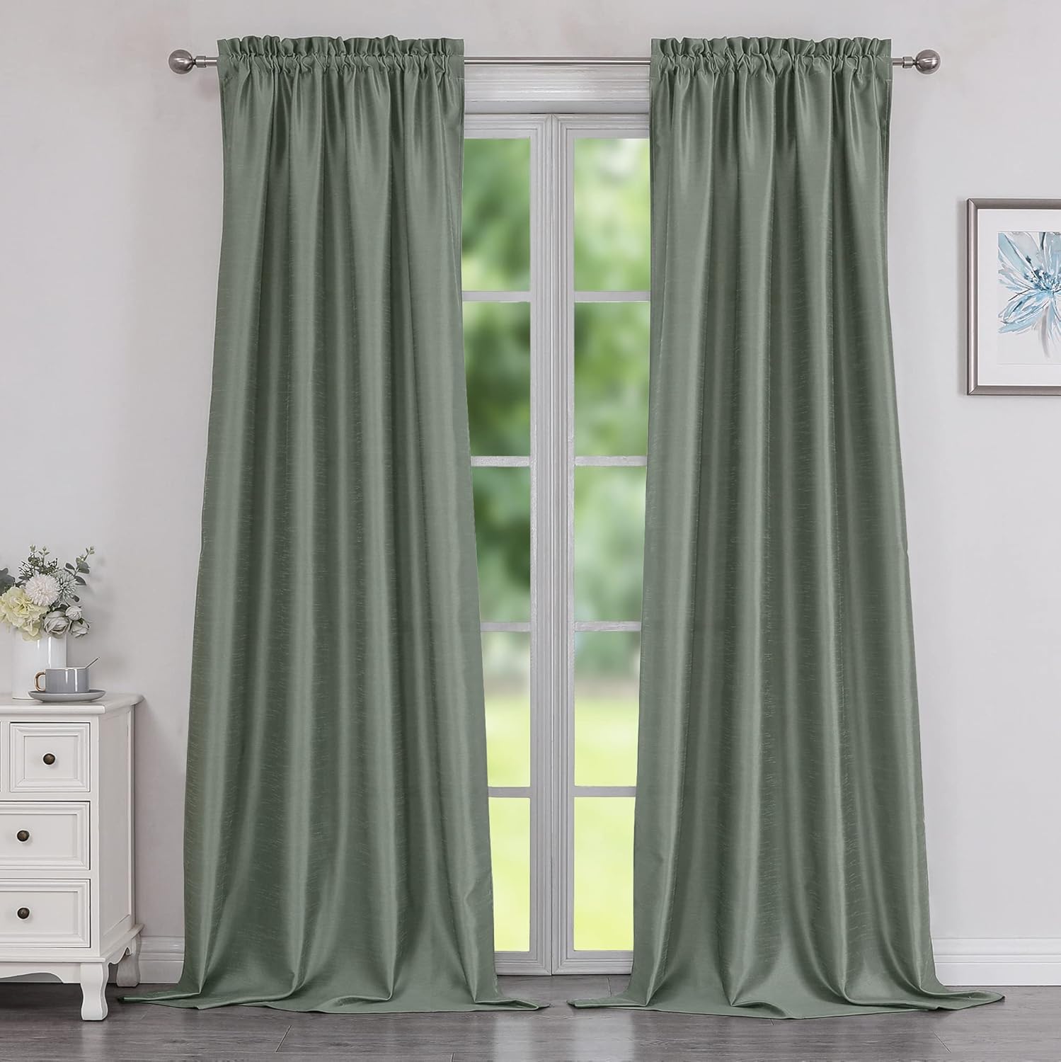 Amazon.com: Chyhomenyc Uptown Sage Green Faux Silk Curtains 96 Inch ...