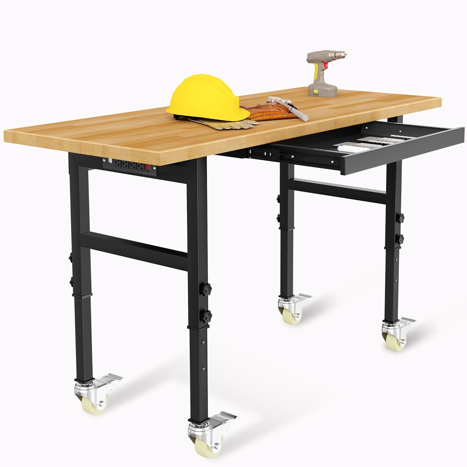 60'' Adjustable Workbench, Solid Wood Work Bench Table with Drawer ...