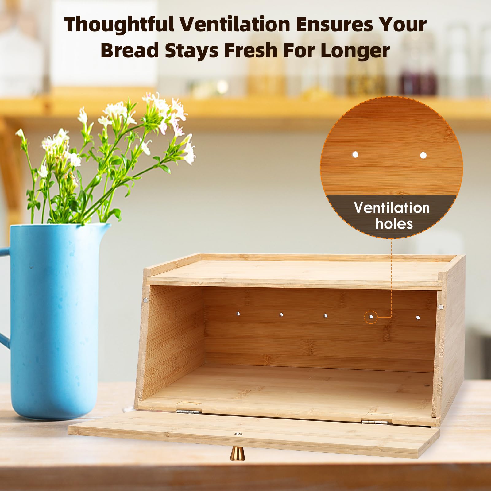 Upgraded Bamboo Bread Box, No Assembly Required Bread Box for Kitchen ...