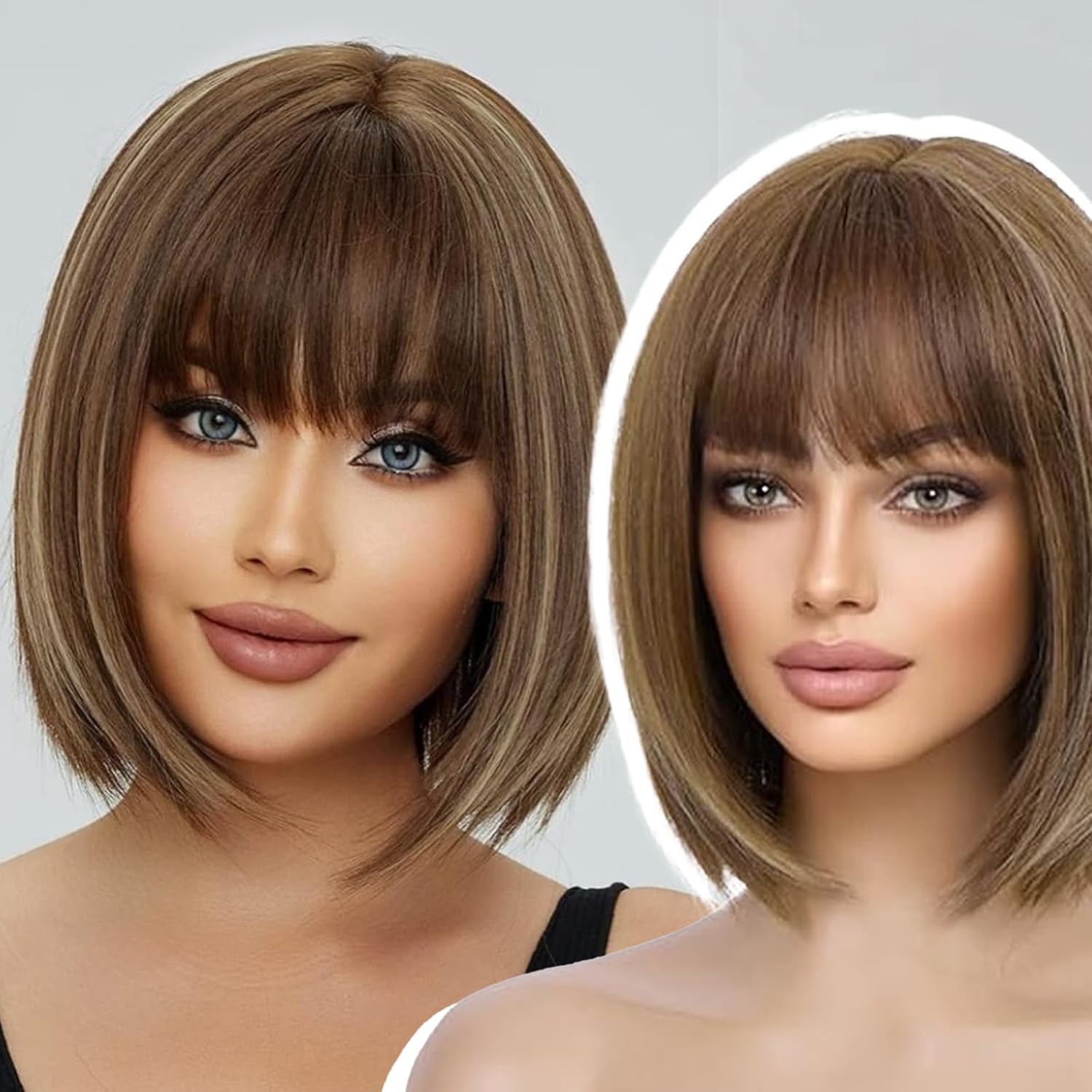 EMMOR Brown Bob Wig with Bangs 13" Short Bob Wigs for Women Heat ...