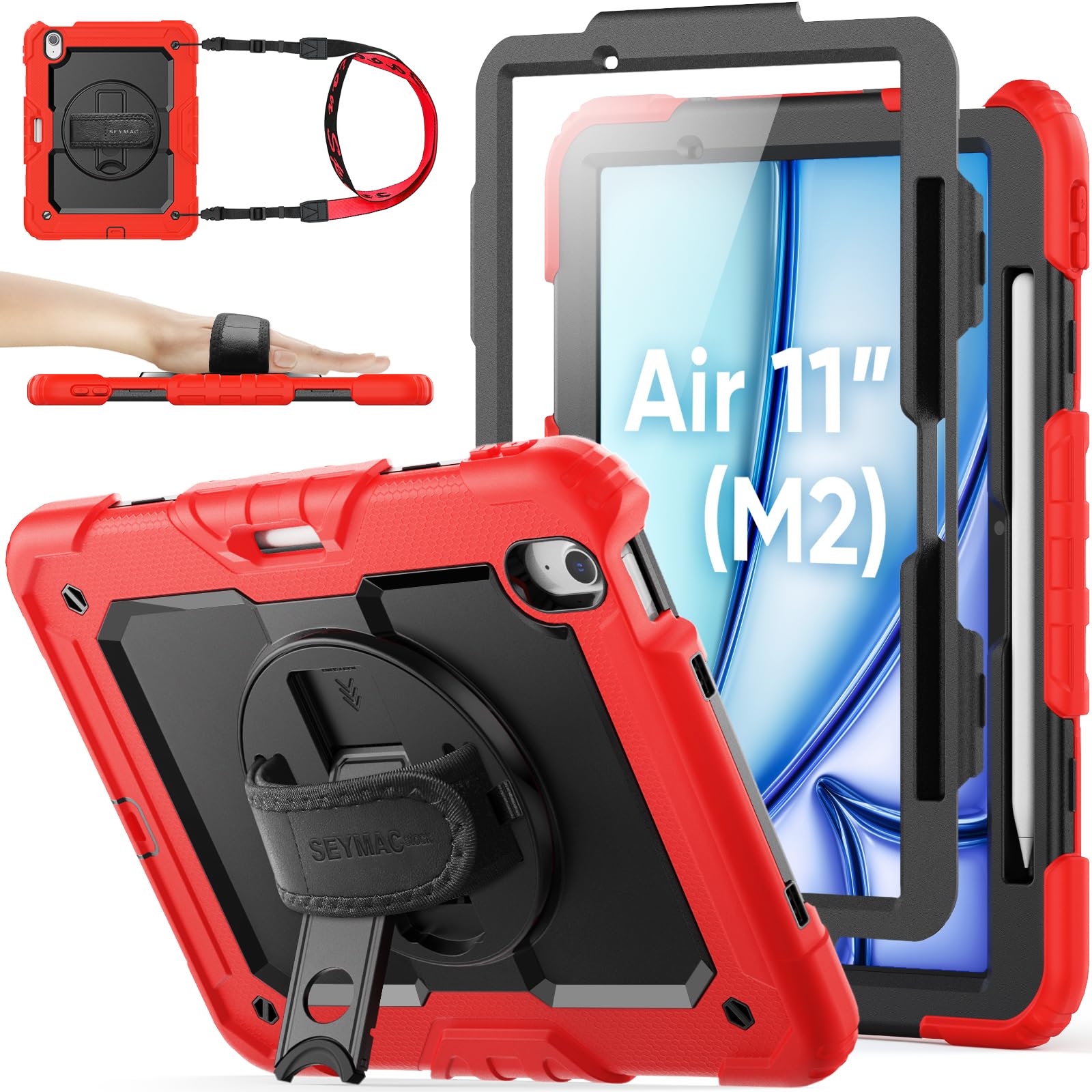 Amazon | SEYMAC stock 2024年 11インチiPad Air(M2)耐衝撃ケース 保護フィルム付き ペン収納 360°回転スタンド ハンドストラップ ショルダーストラップ ...