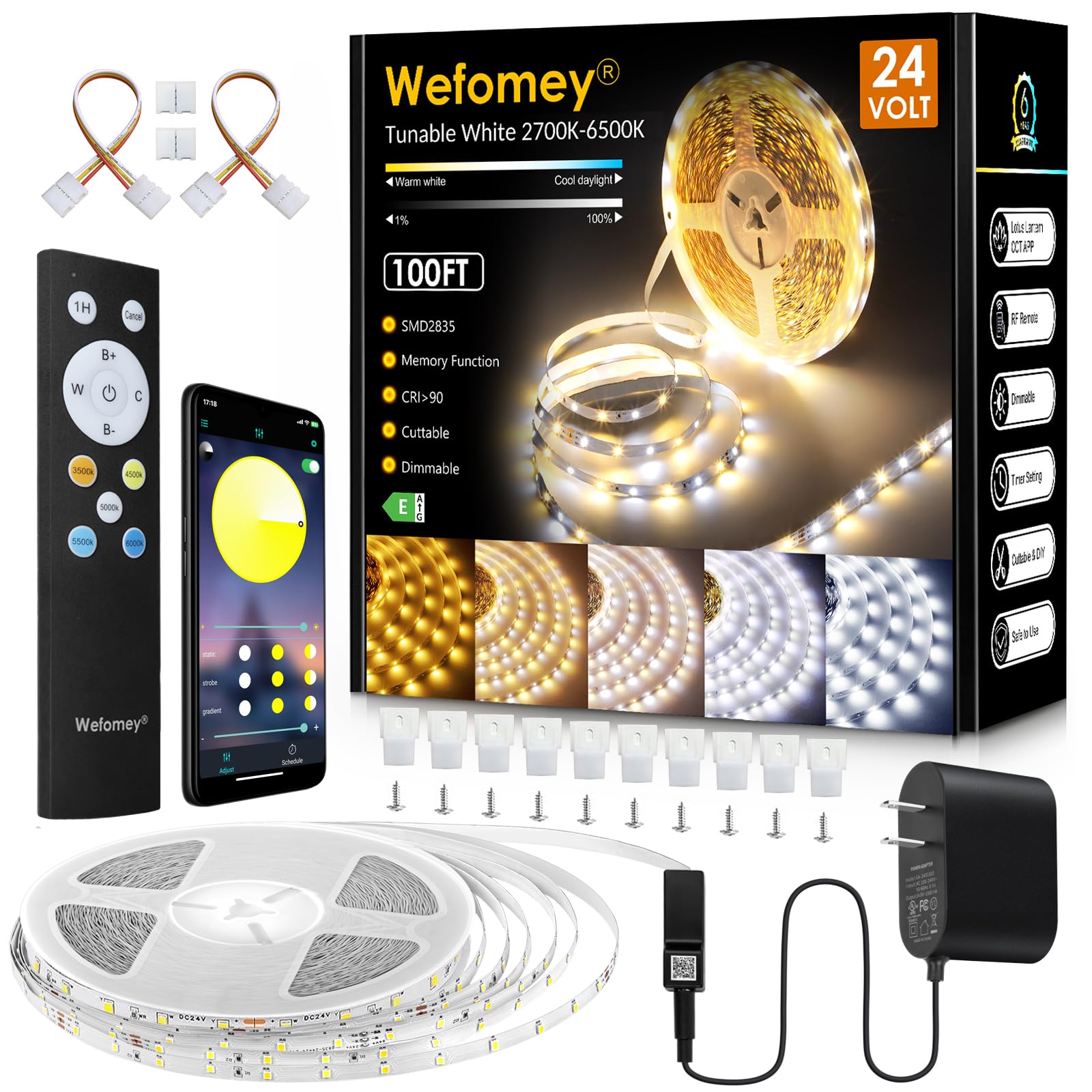 Amazon.com: Wefomey White LED Strip Lights, 100ft Dimmable Bright 24V ...