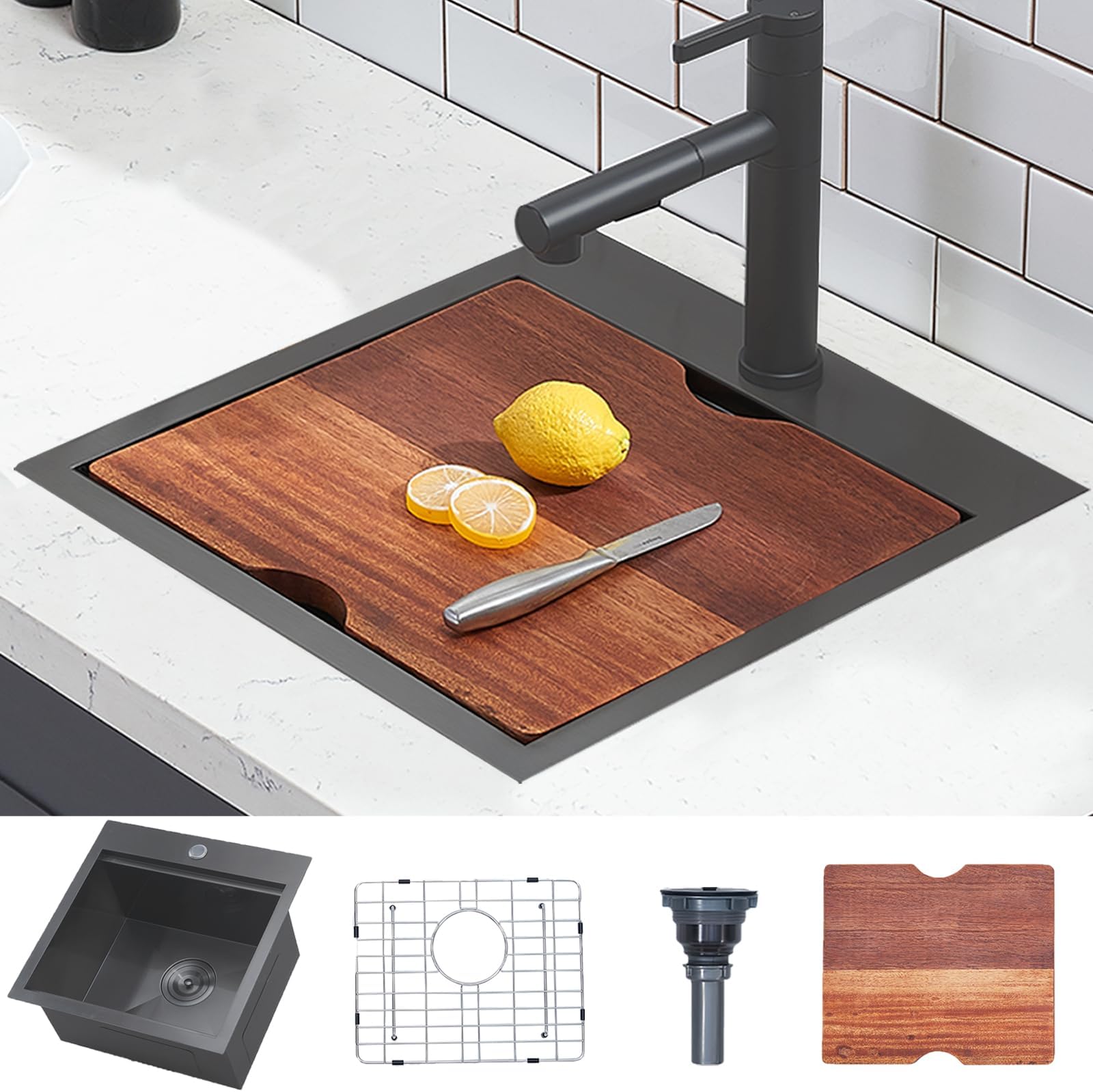 18 Black Bar Sink Drop In Workstation Kitchen Sink, FRANIC 18" x 18" x ...