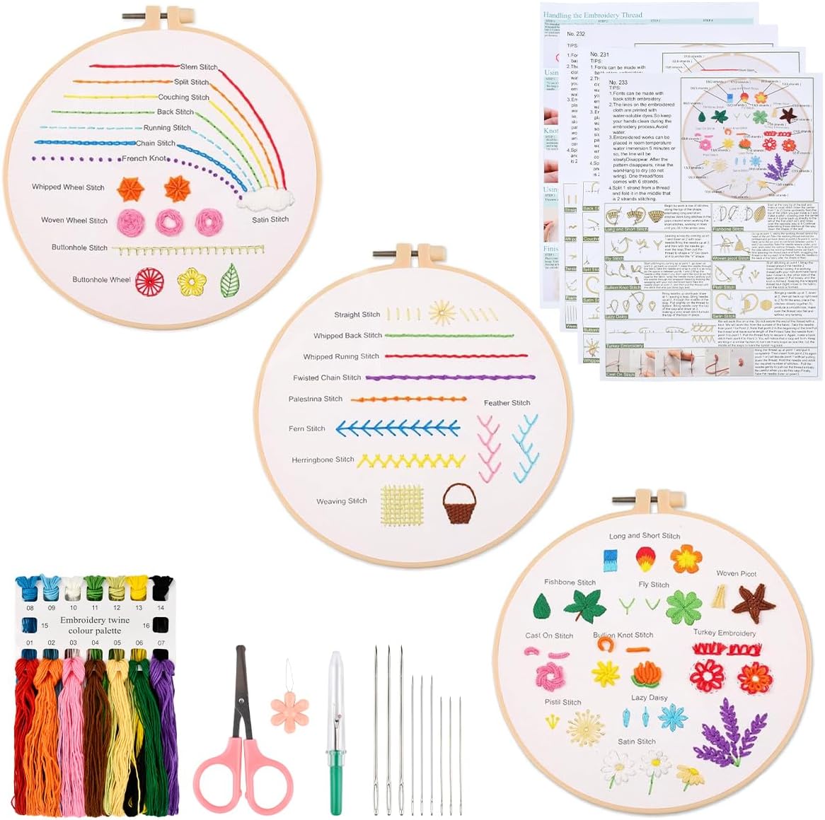 FOCCTS Embroidery Beginners Stitch Practice kit, 3 Embroidery Starter ...
