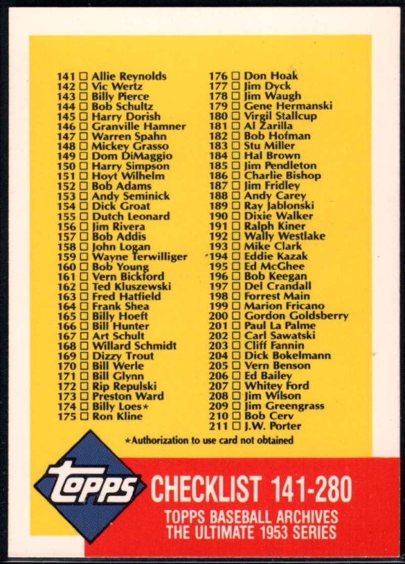Amazon.com: 1991 Topps Archives 1953 Reprint Baseball #336 Checklist ...