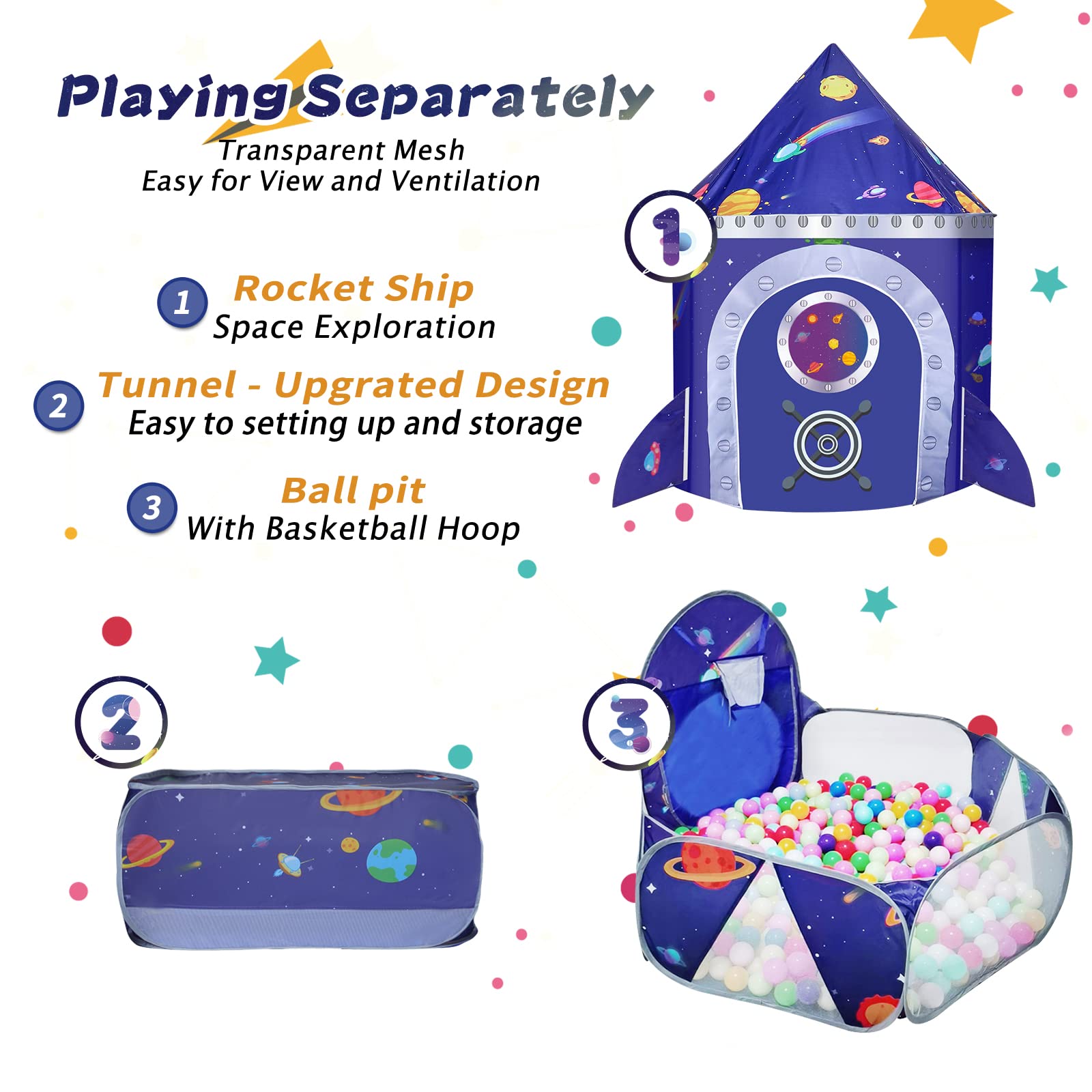 TTLOJ 3pc Rocket Ship Boys Tent, Outer Space Kids Play Tent, Crawl ...