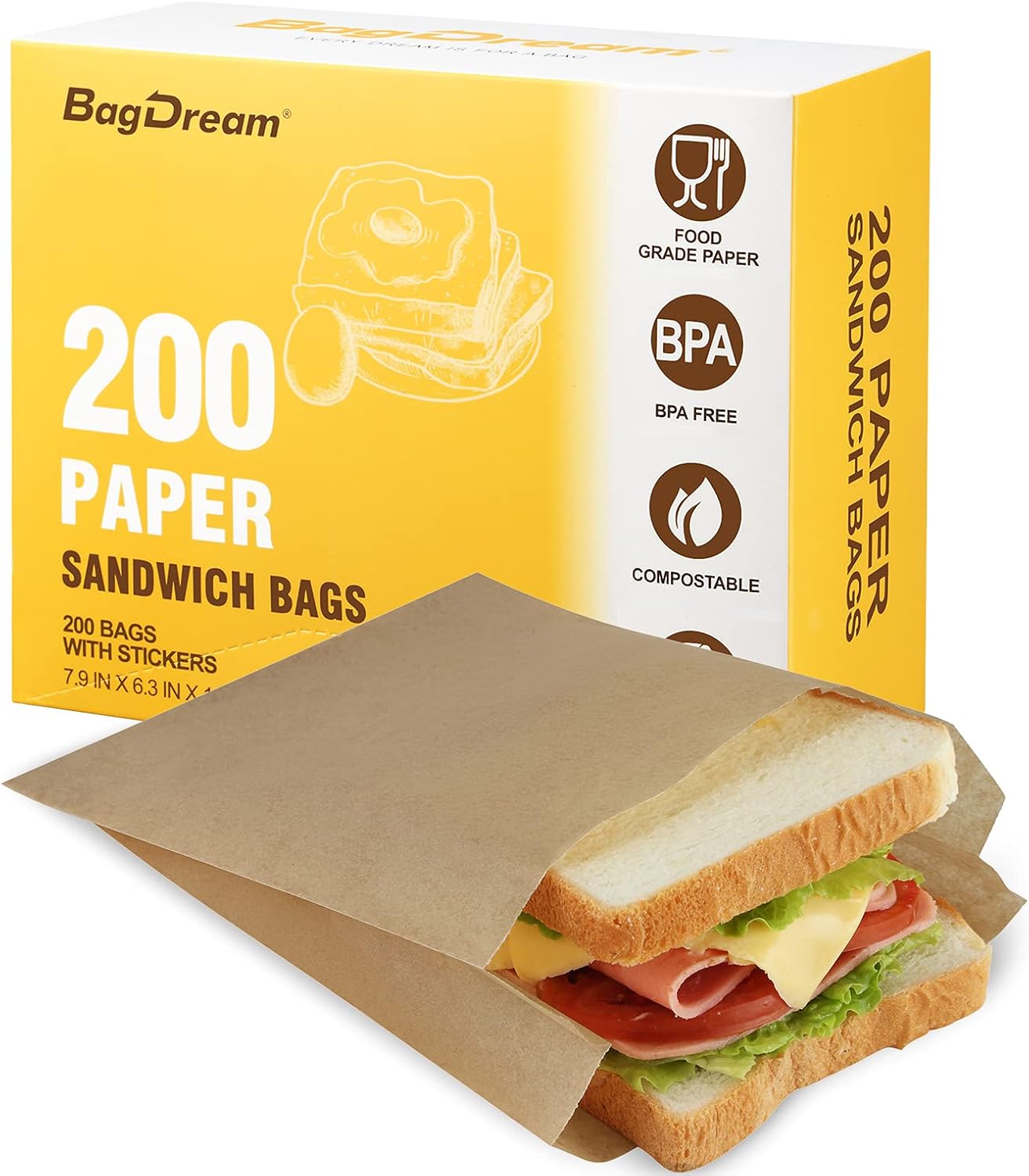 BagDream Paper Sandwich Bags 7.9x6.3x1.96" 200ct Recyclable Kitchens ...