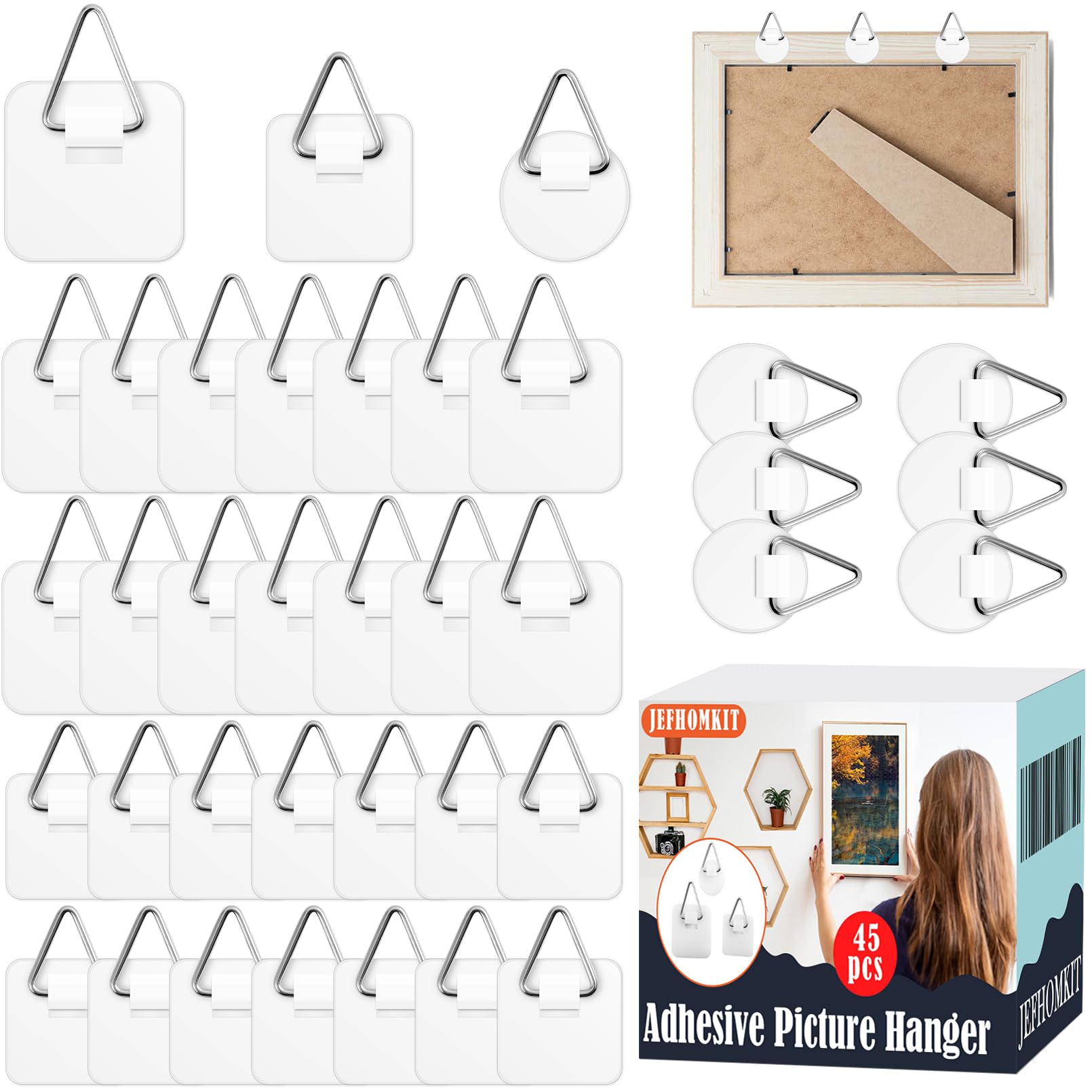 JEFHOMKIT Adhesive Picture Hanger,45 Pcs Picture Hanging Hooks Without ...