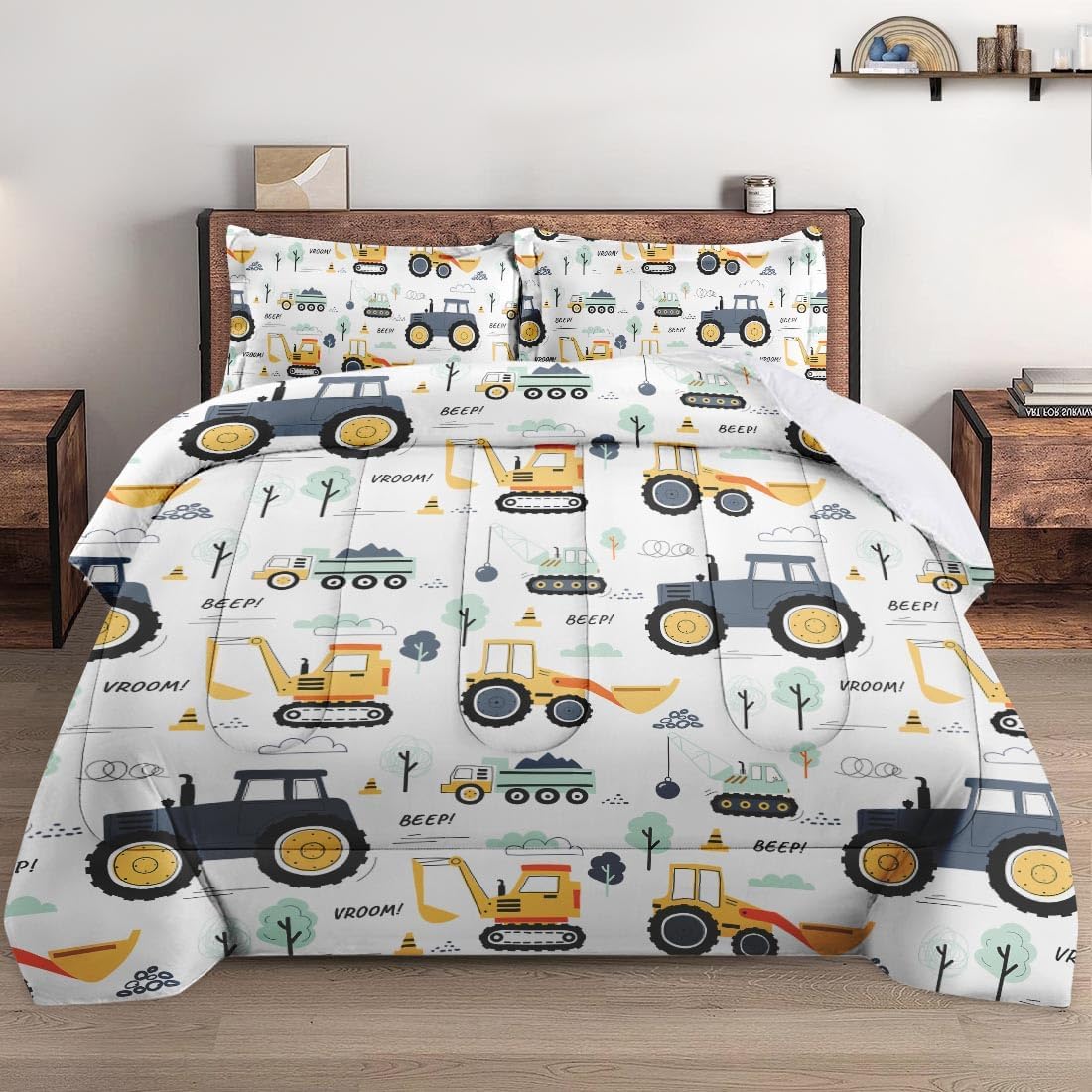Amazon.com: WeCozy Full Size Comforter Set with 2 Pillowcases, Boho Wood Construction Truck ...