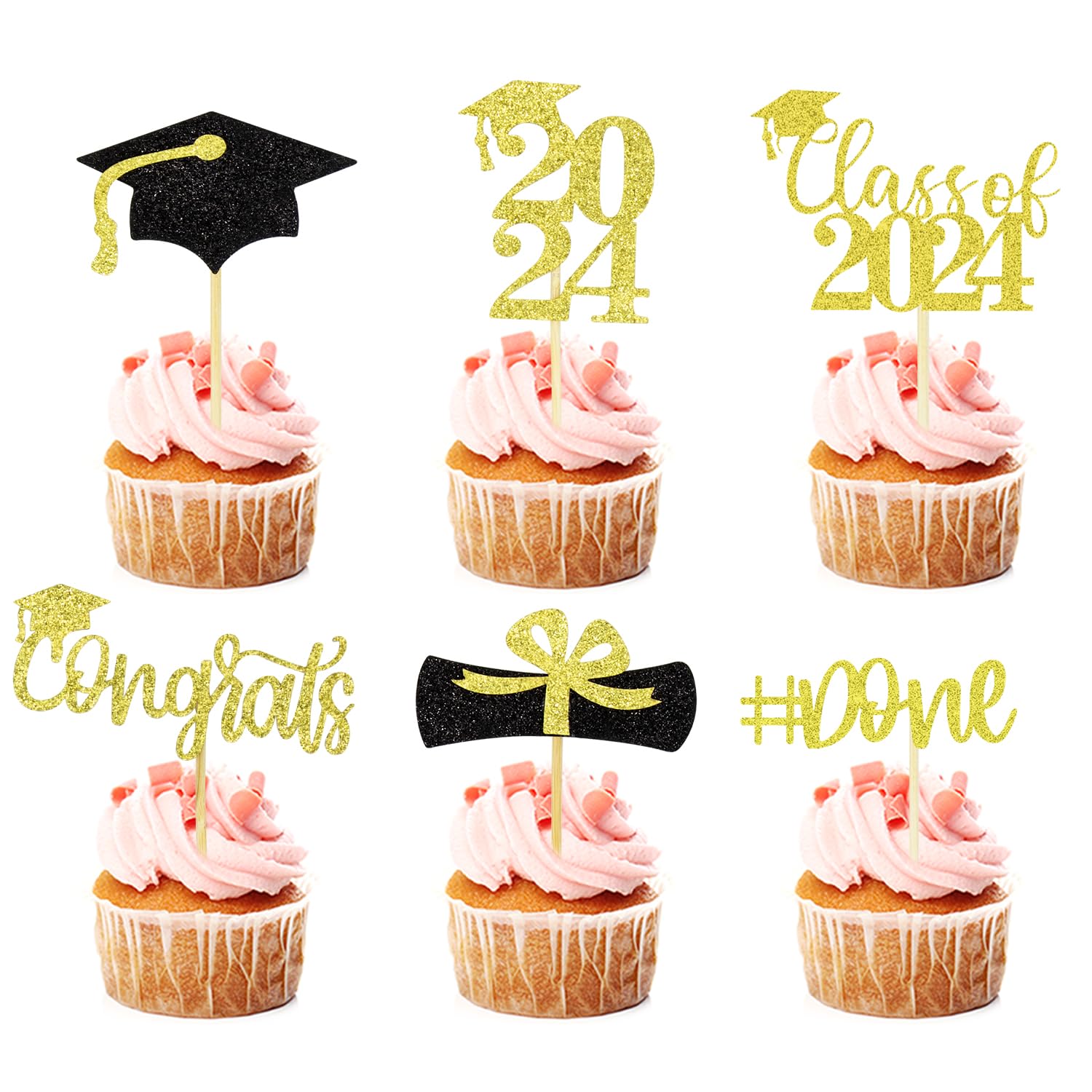 Buy 24Pcs Graduation 2024 Cupcake Toppers, Gold Glitter Class of 2024 ...